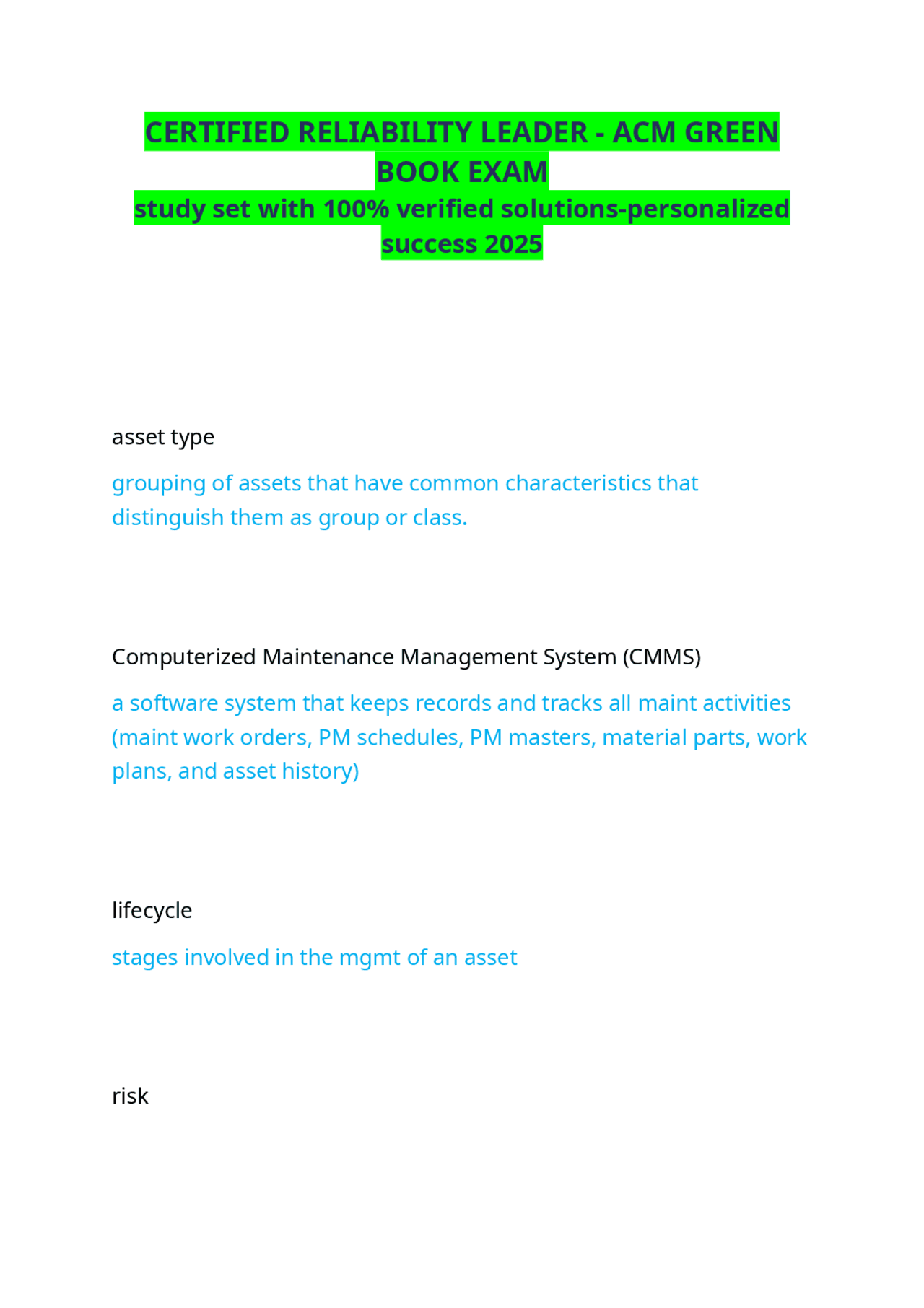 CERTIFIED RELIABILITY LEADER - ACM GREEN BOOK EXAM study set with 100% ...