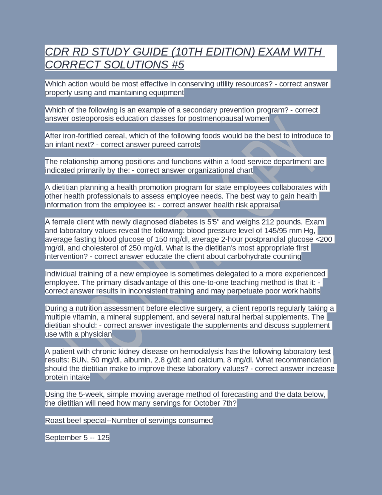 CDR RD Study Guide (10th Edition) Exam with Correct Solutions #5 - Prof ...