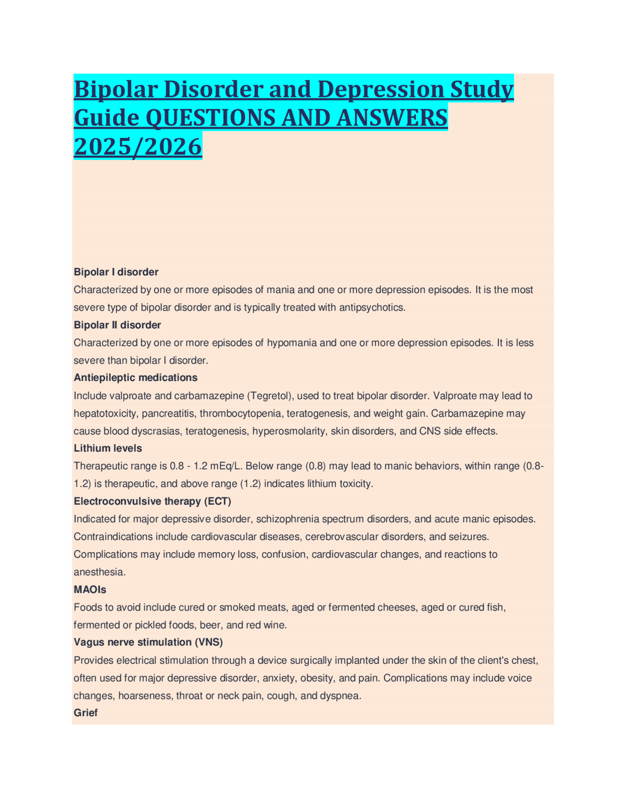 Bipolar Disorder and Depression Study Guide: Questions and Answers ...