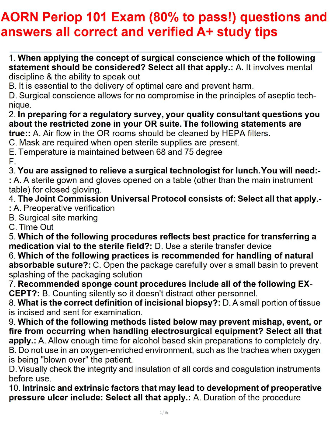 AORN Periop 101 Final Exam questions and answers cheat sheet verified A+ | Exams Advanced ...