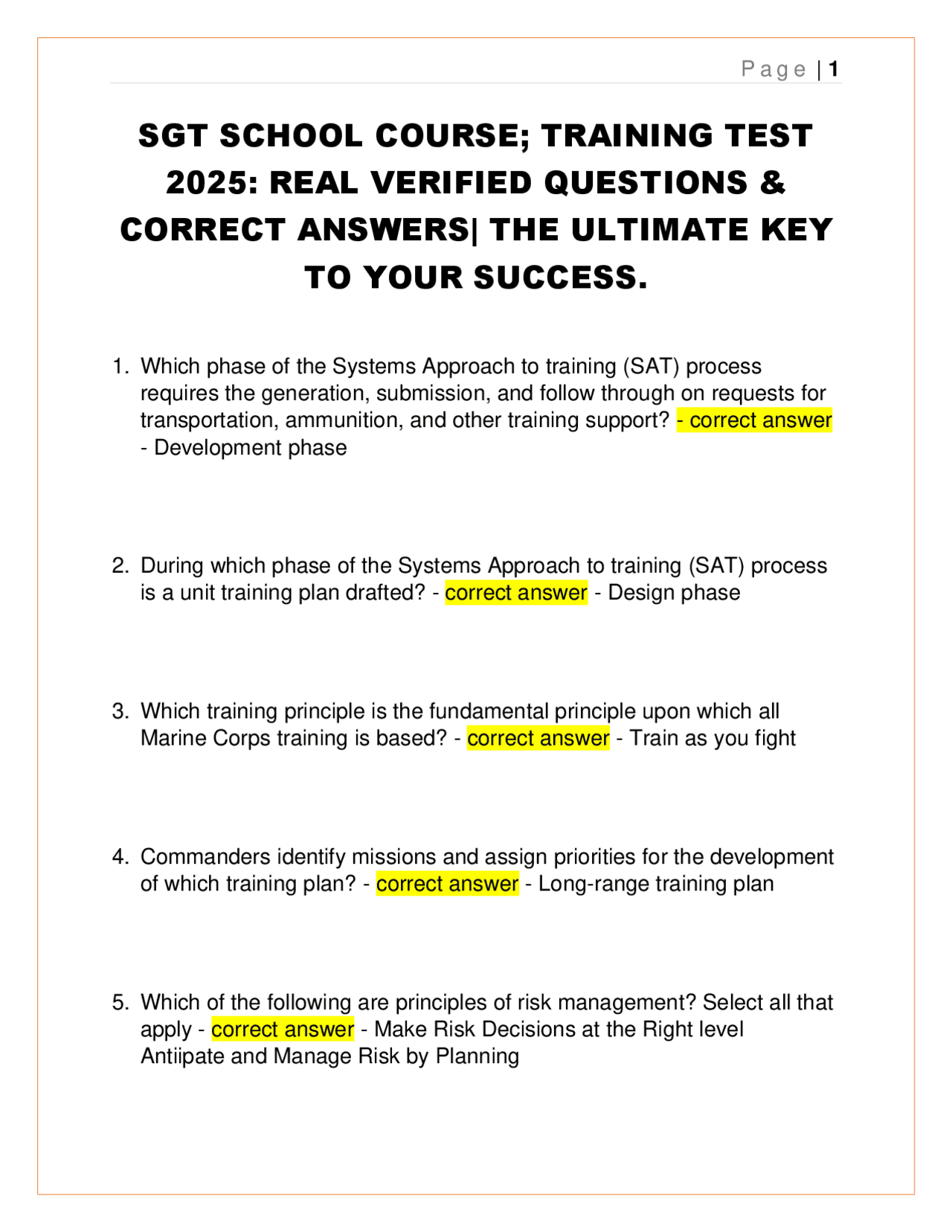 SGT SCHOOL COURSE; TRAINING TEST 2025: REAL VERIFIED QUESTIONS ...