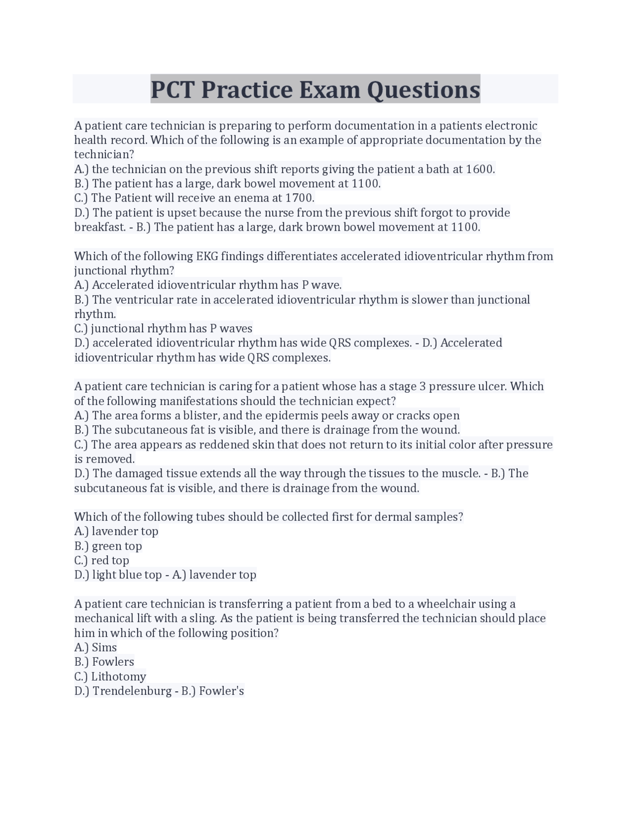PCT Practice Exam Questions And Answers | Exams Health sciences | Docsity