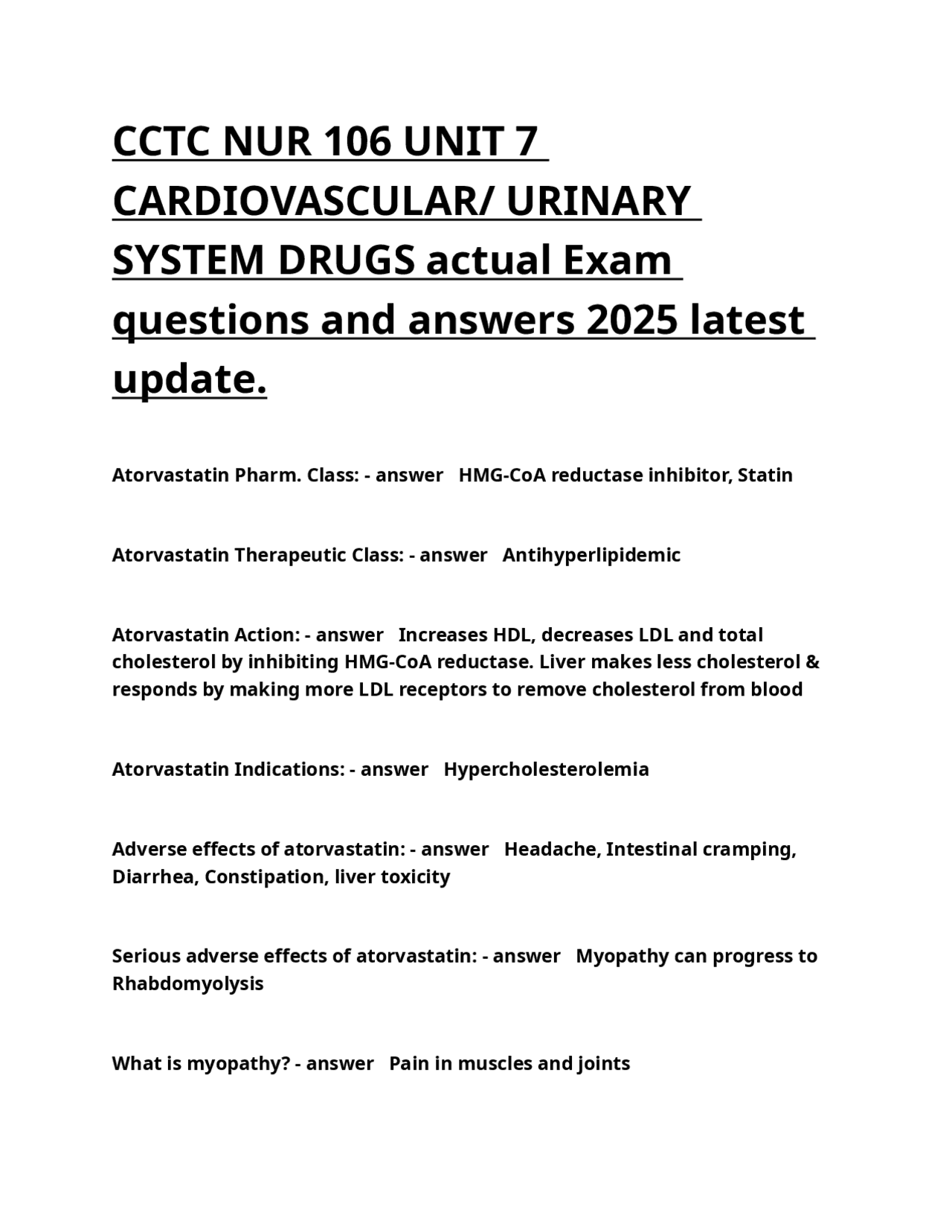 CCTC NUR 106 UNIT 7 CARDIOVASCULAR URINARY SYSTEM DRUGS actual Exam ...