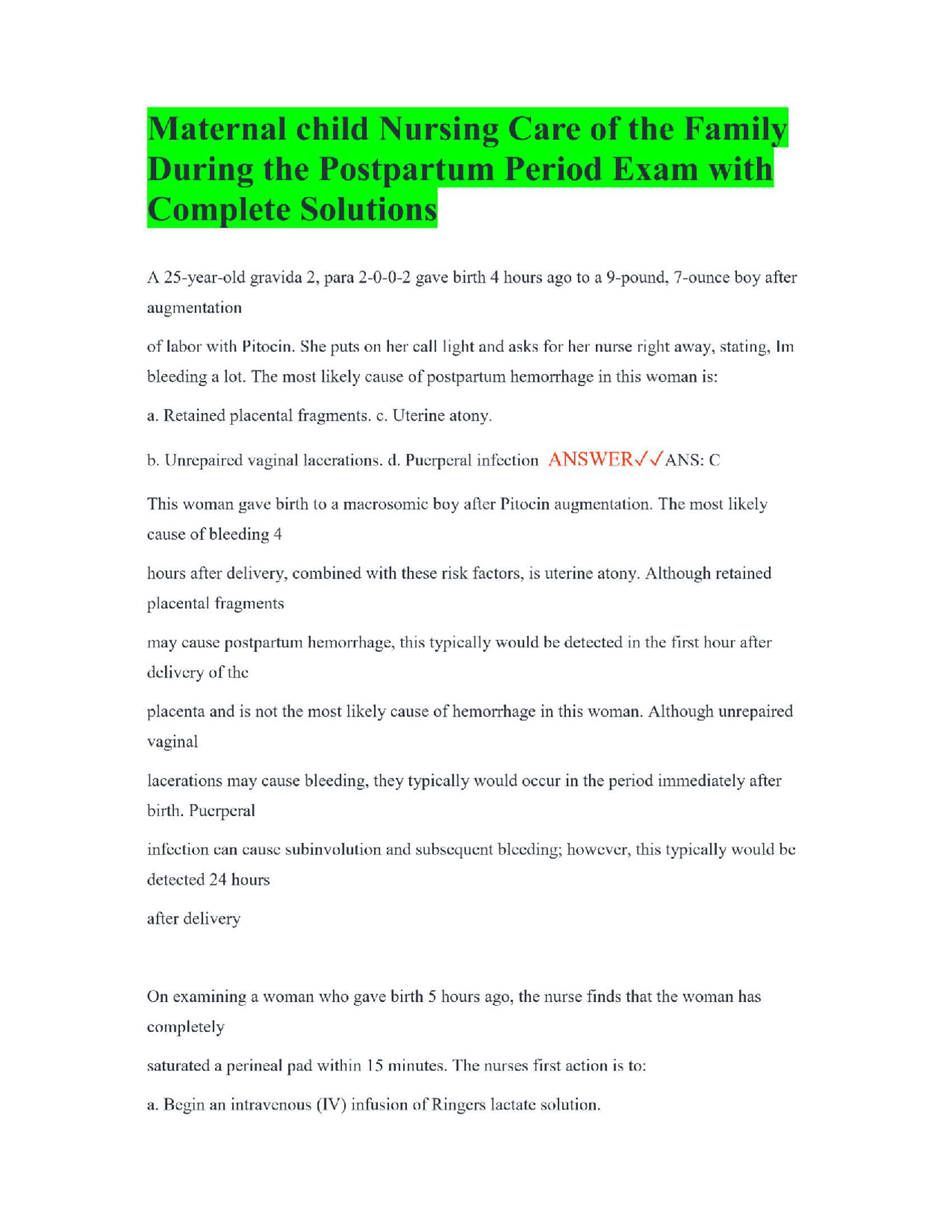 Maternal child Nursing Care of the Family during the Postpartum Period ...