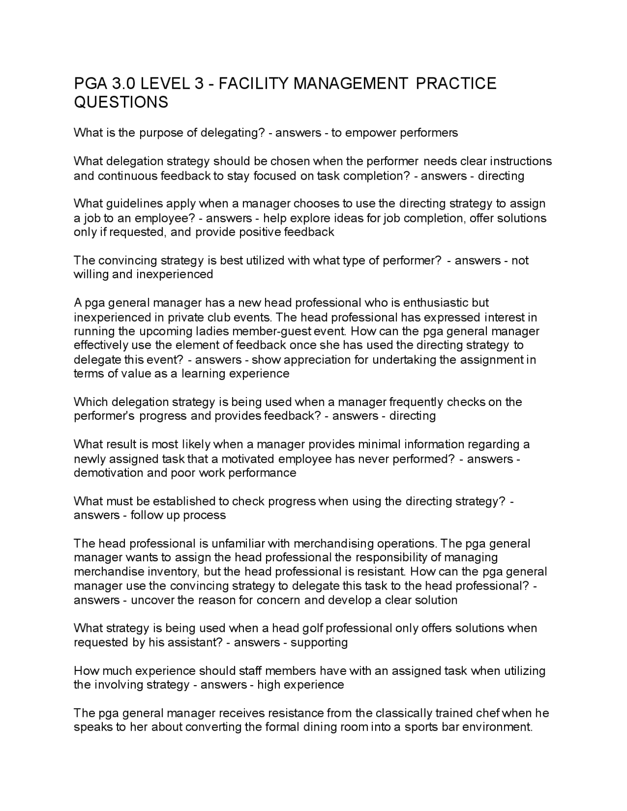 PGA 3.0 LEVEL 3 - FACILITY MANAGEMENT PRACTICE QUESTIONS | Exams Social Sciences | Docsity