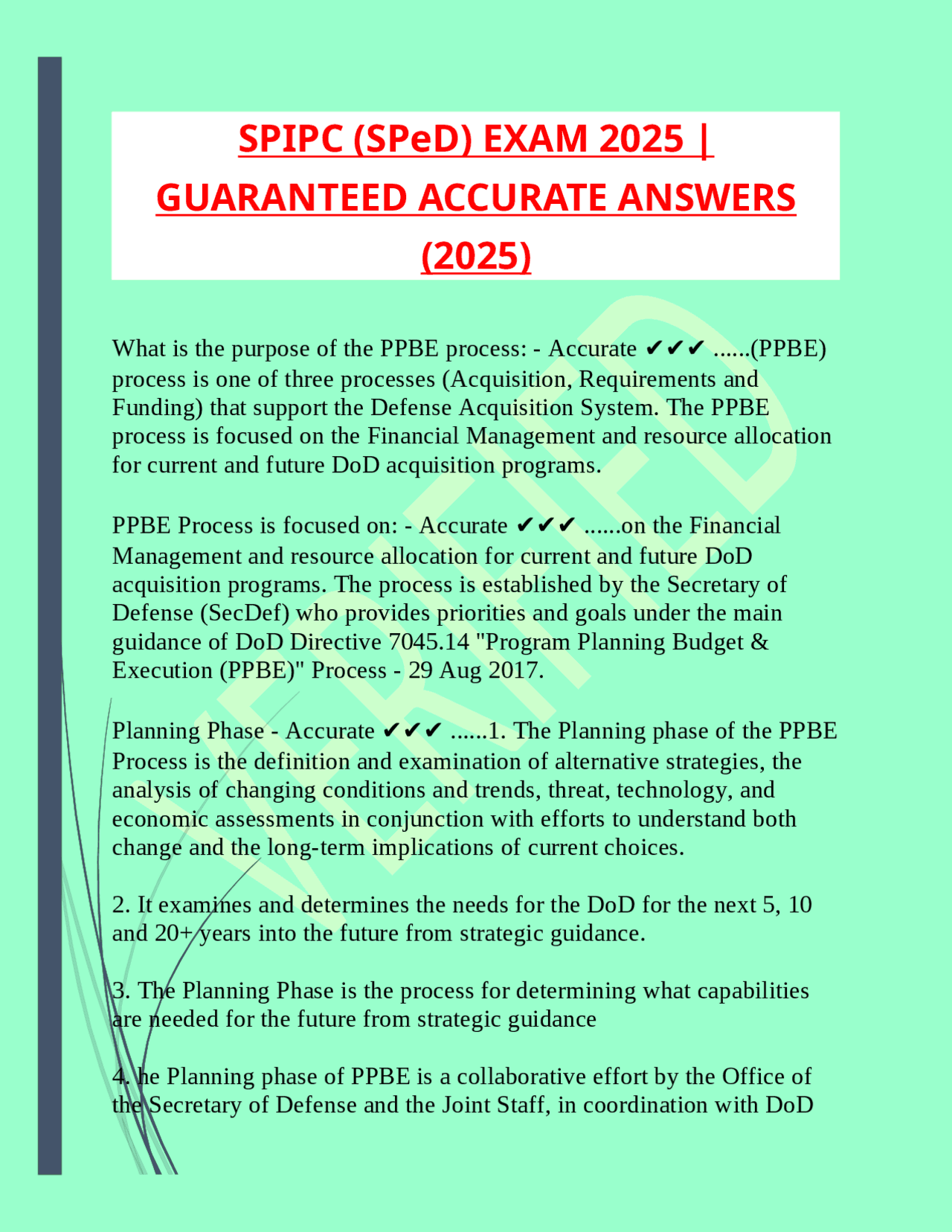 SPIPC (SPeD) EXAM 2025 |GUARANTEED ACCURATE ANSWERS (2025) | Exams Nursing | Docsity