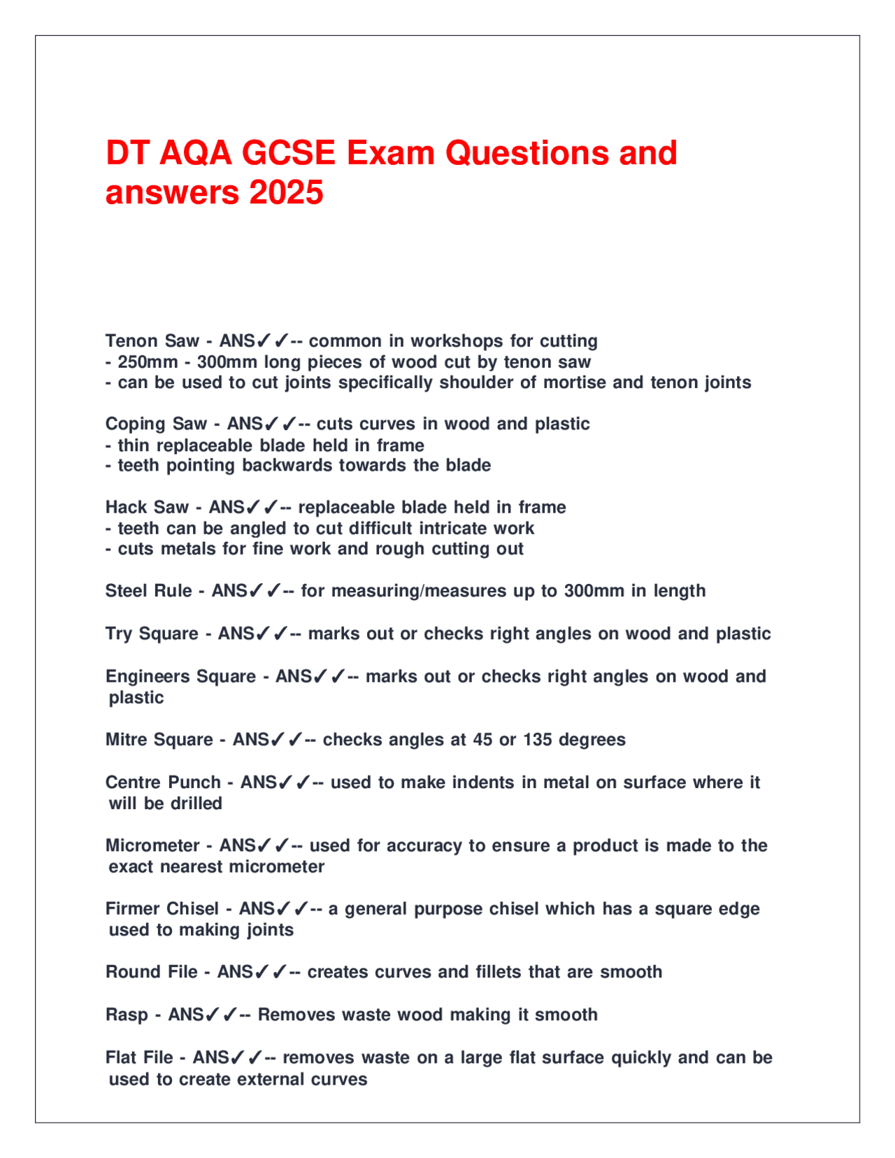 AQA GCSE Exam Questions and Answers 2025: Woodworking Tools and Their ...