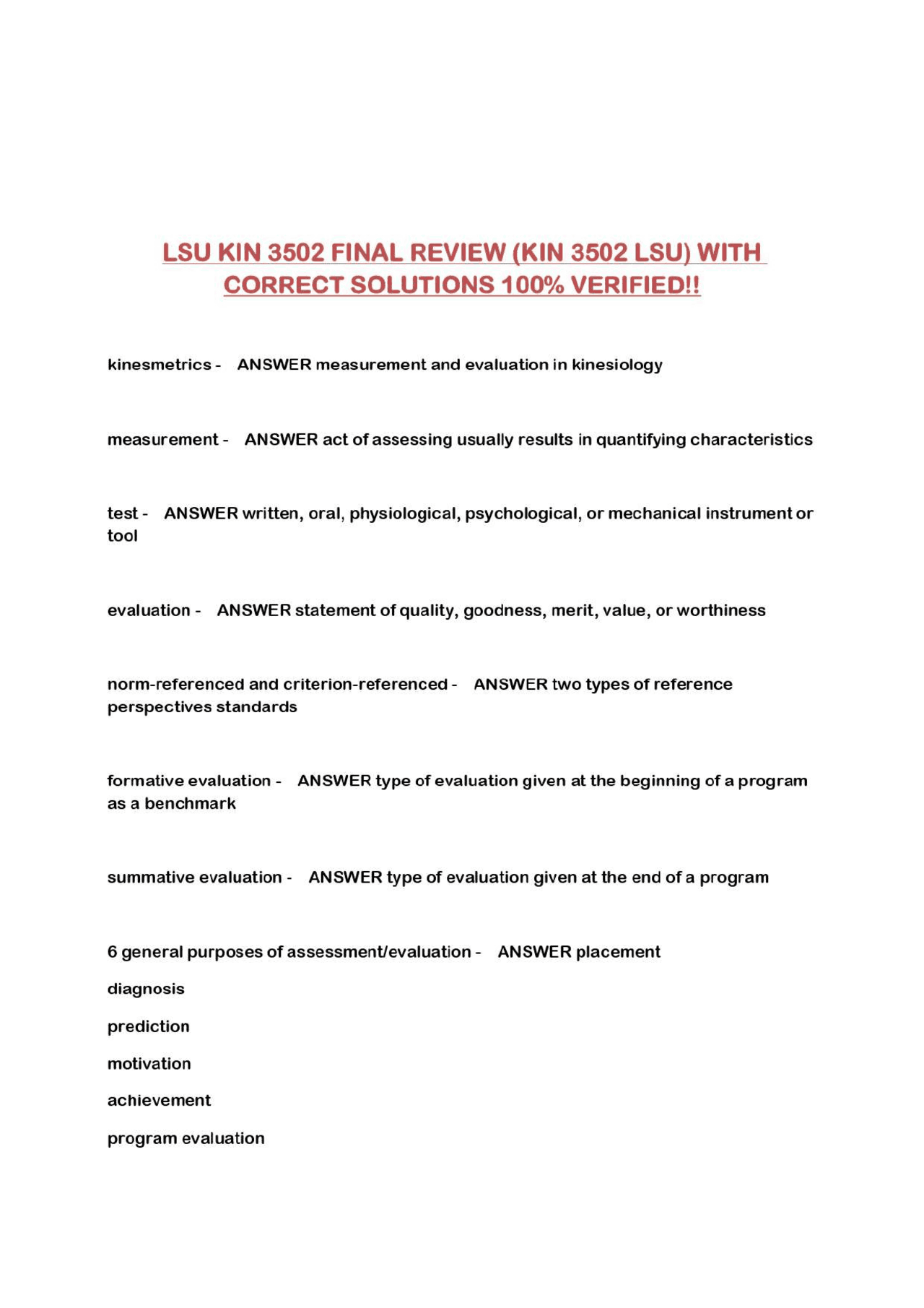 LSU KIN 3502 FINAL REVIEW (KIN 3502 LSU) WITH CORRECT SOLUTIONS 100% ...