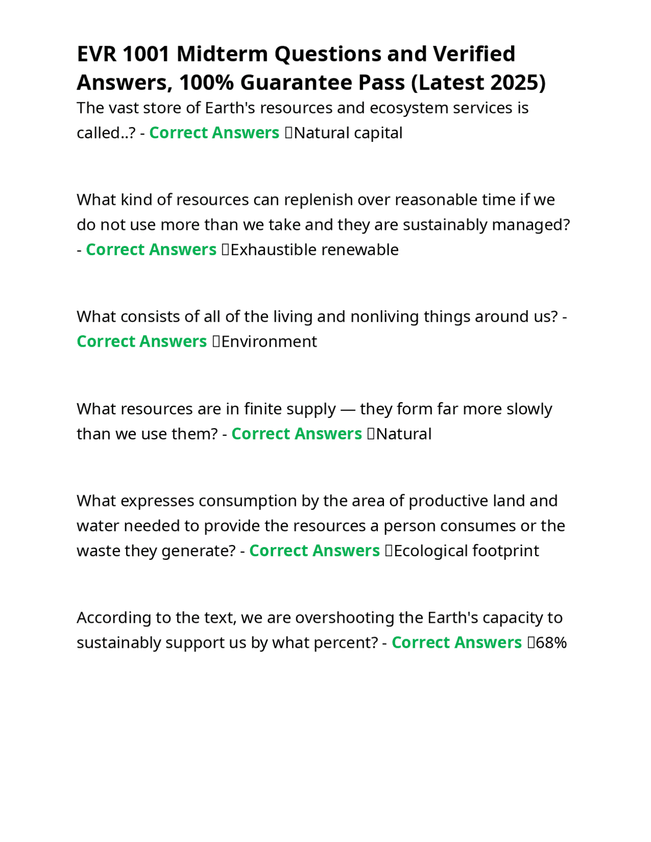 EVR 1001 Midterm Questions and Verified Answers, 100% Guarantee Pass ...