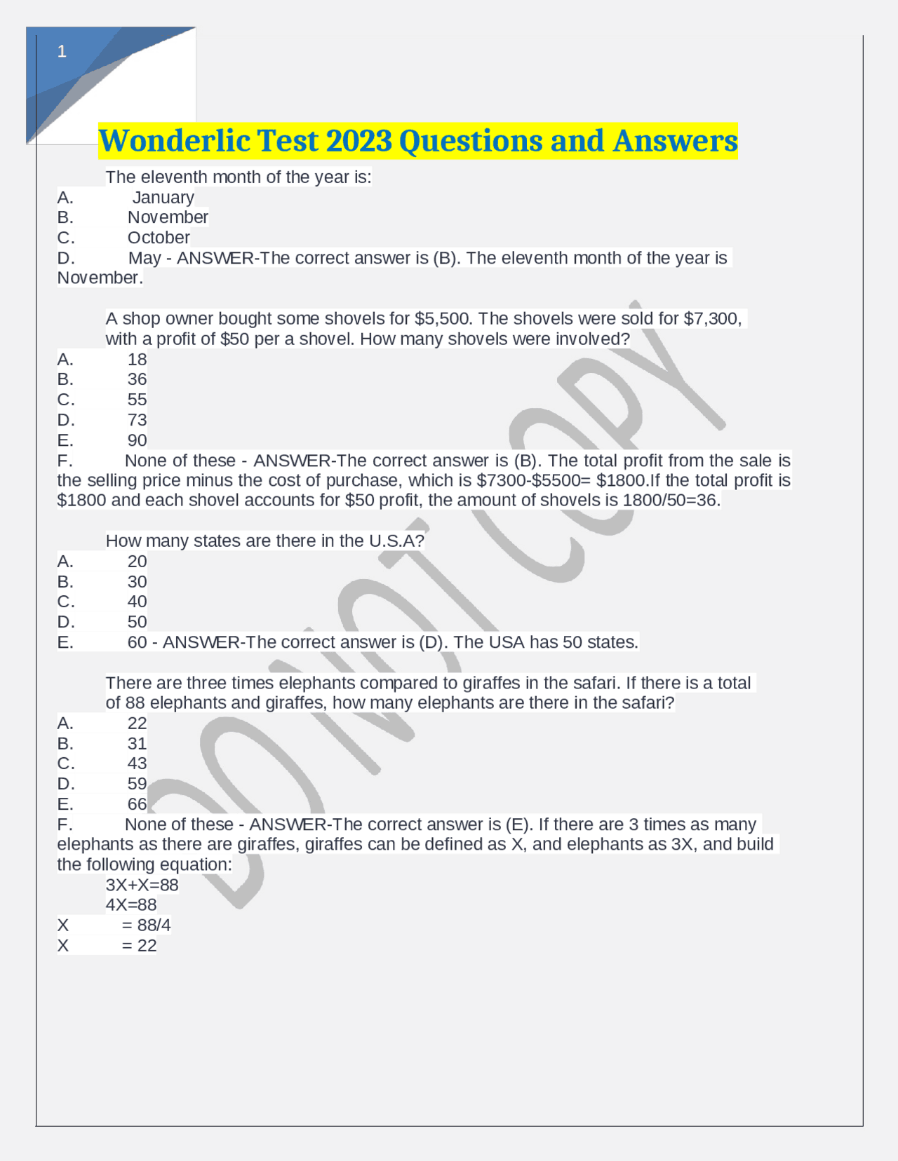 Wonderlic Test 2023 Questions and Answers | Exams Nursing | Docsity