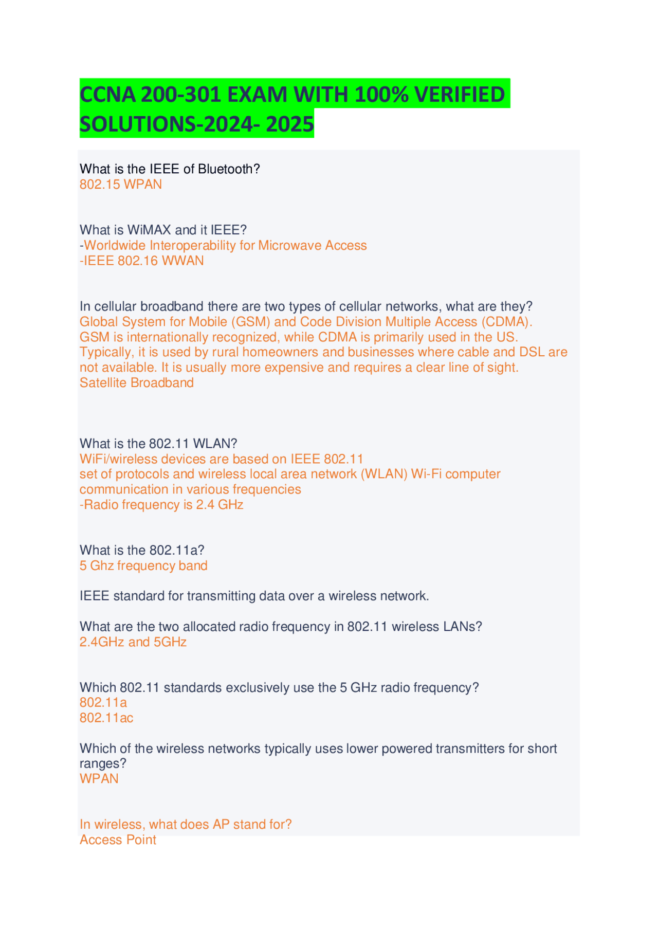 CCNA 200-301 EXAM WITH 100% VERIFIED SOLUTIONS-2024- 2025 What is the IEEE of Bluetoot | Exams ...