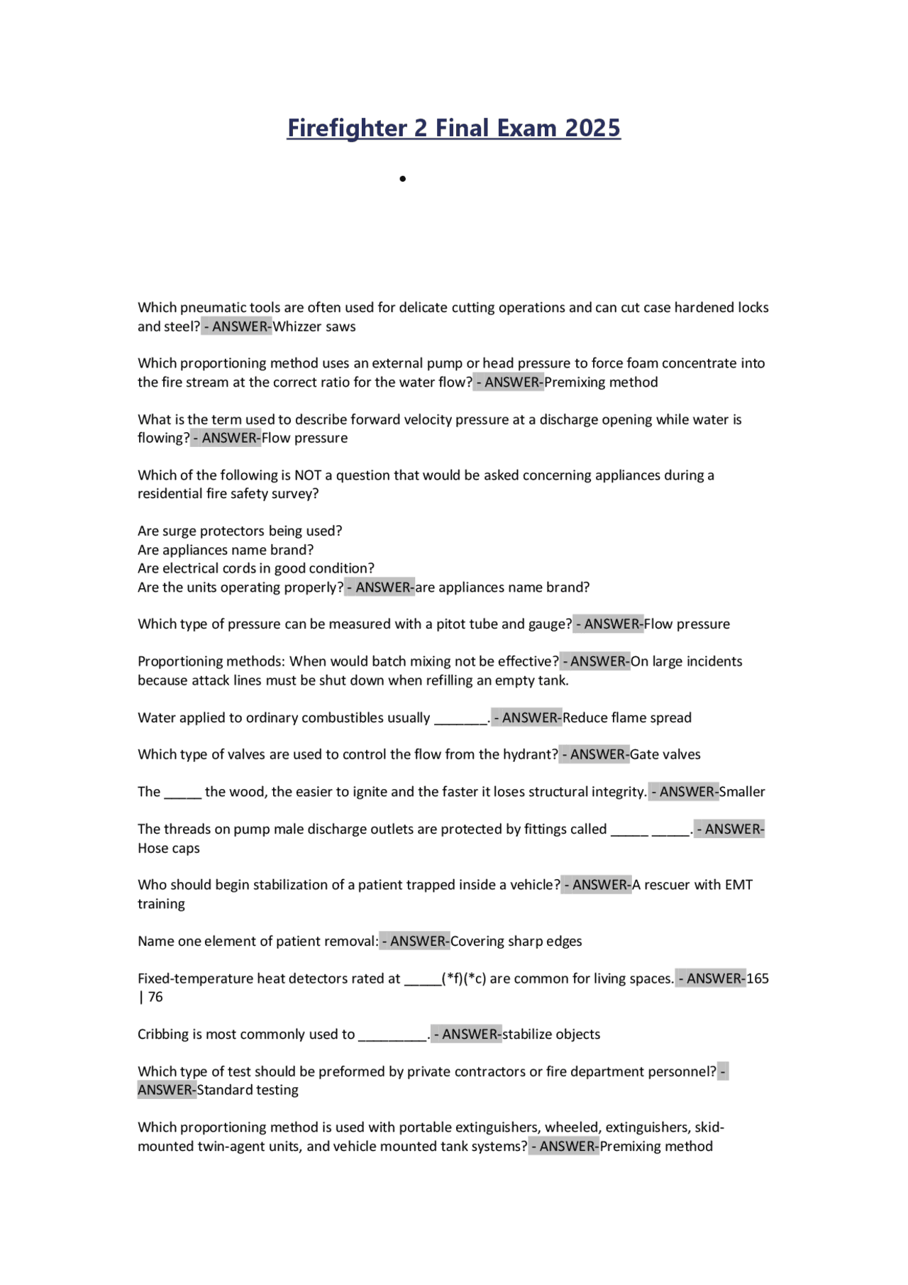 Firefighter 2 Final Exam Questions and Answers 2025 | Exams Safety and ...
