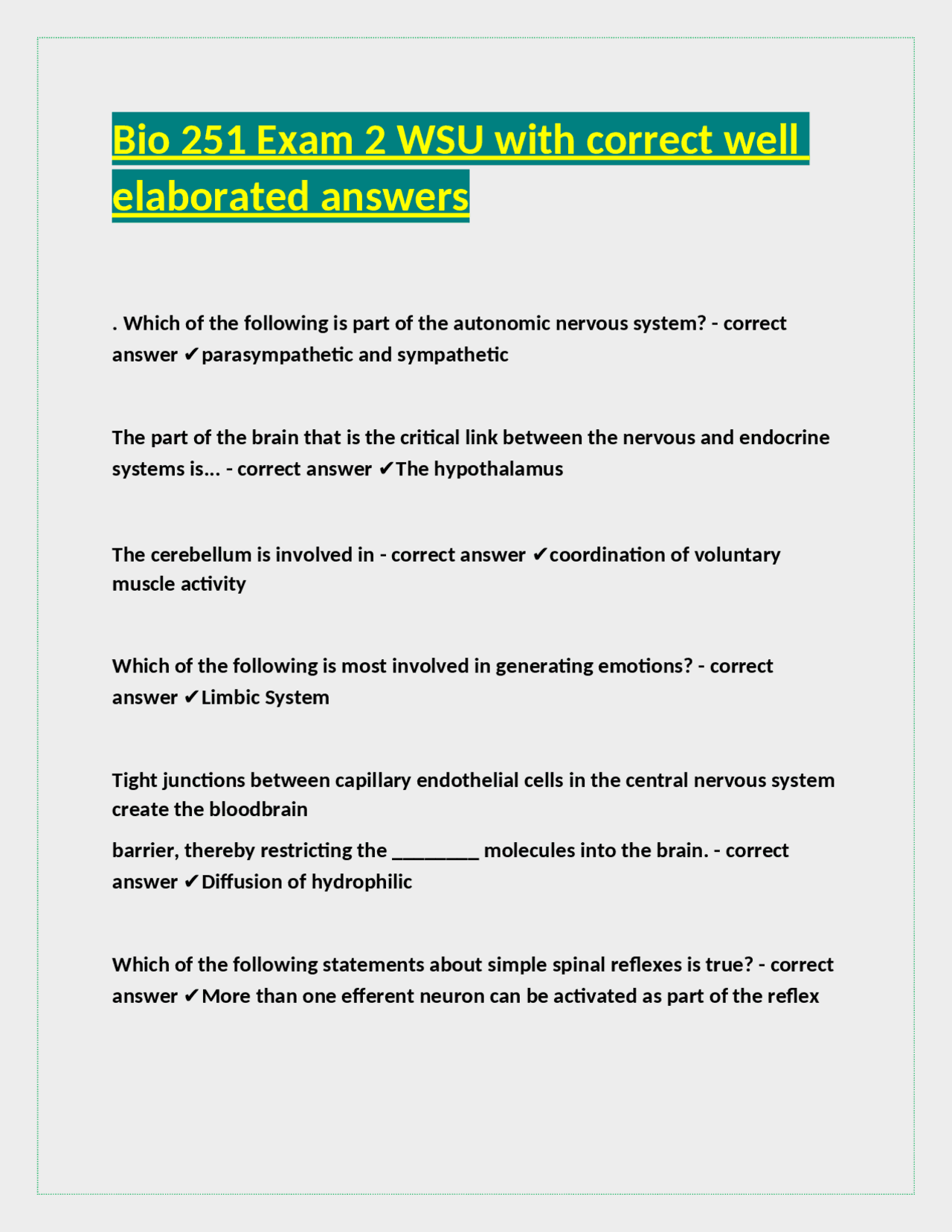 Bio 251 Exam 2 WSU: Nervous System and Endocrine System | Exams Biology | Docsity