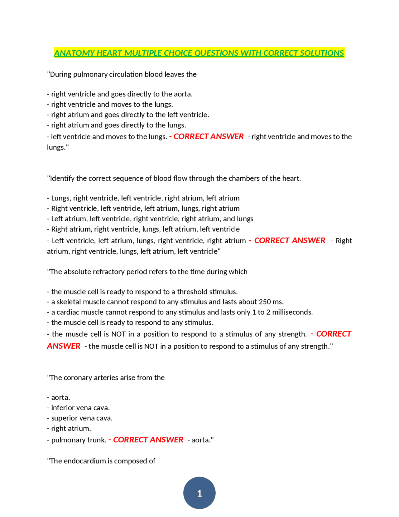 Anatomy of the Heart: Multiple Choice Questions with Solutions | Exams ...