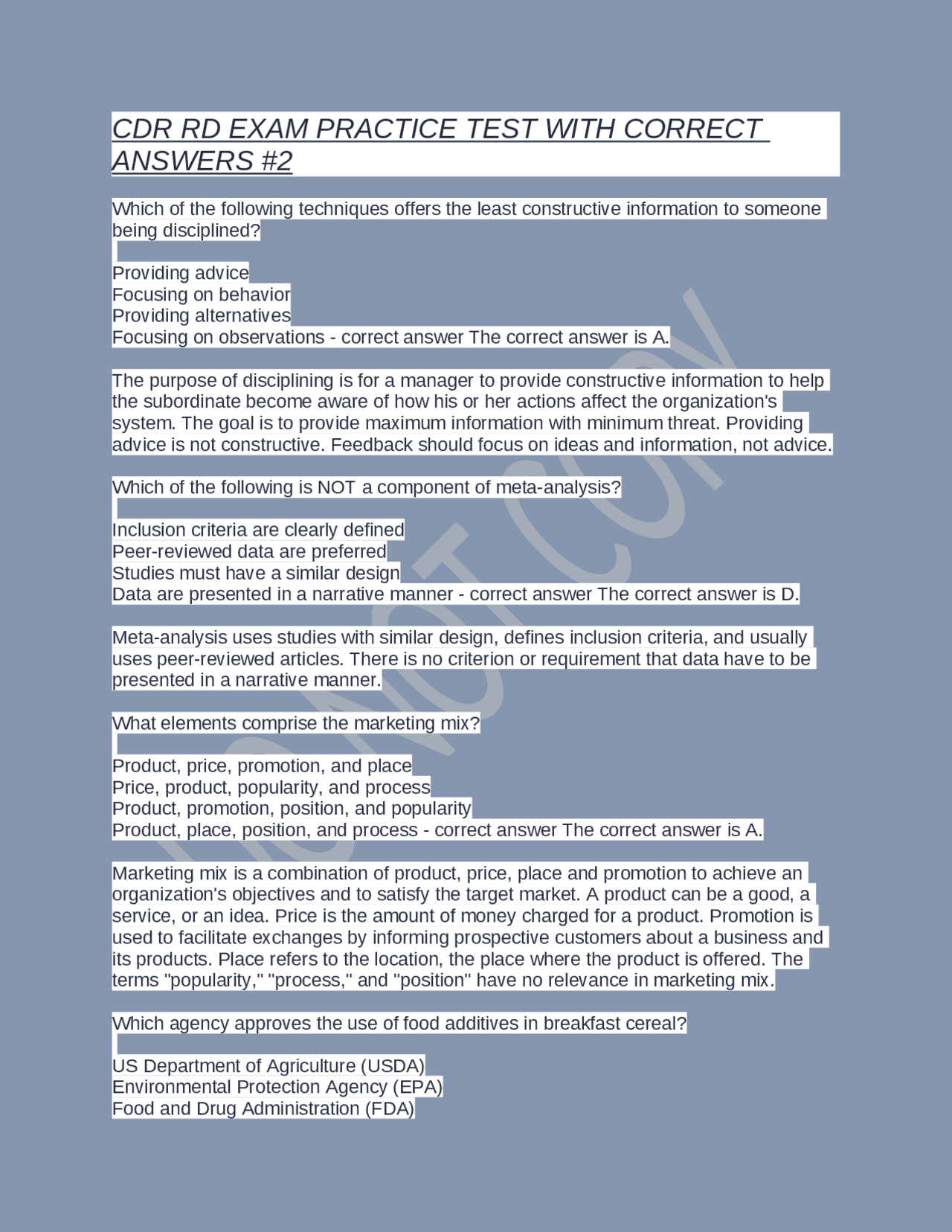 CDR RD EXAM PRACTICE TEST WITH CORRECT ANSWERS #2 | Exams Nutrition ...