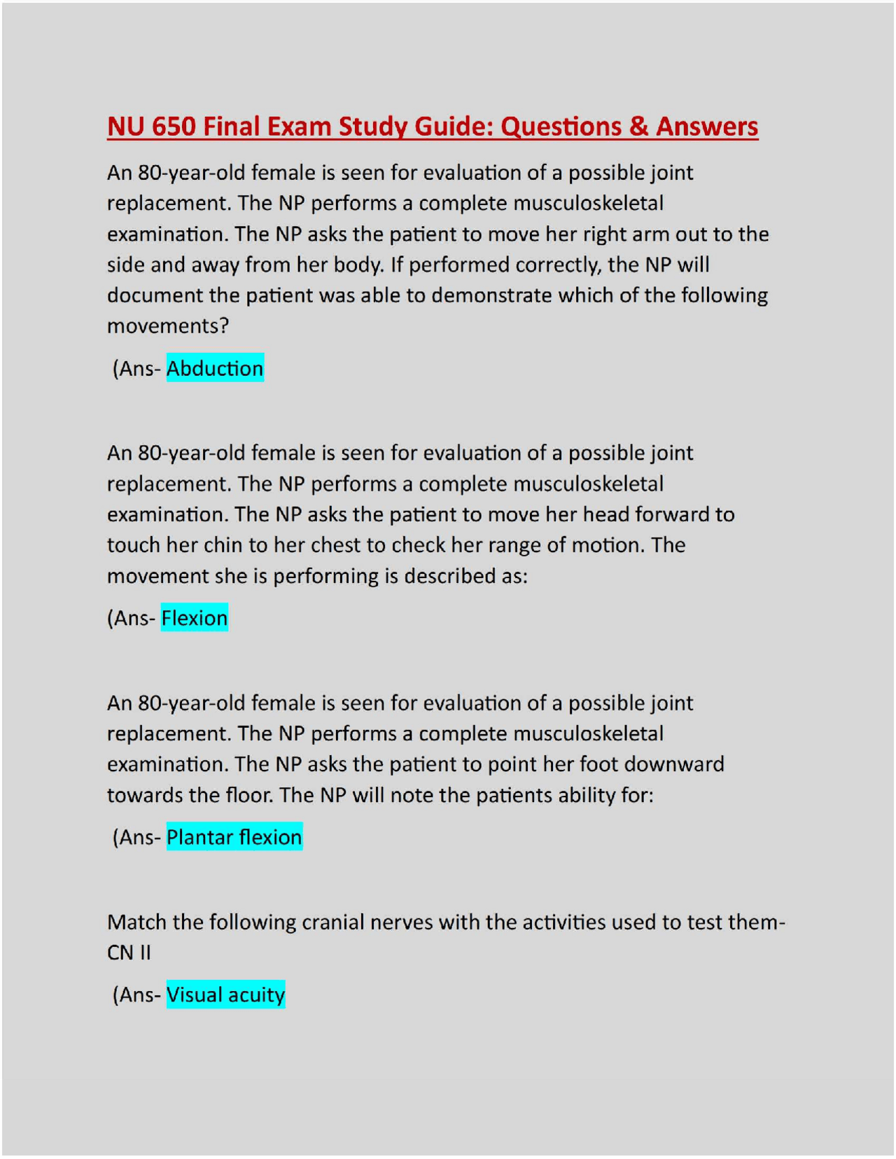 NU 650 Final Exam Study Guide: Questions & Answers | Exams Nursing | Docsity