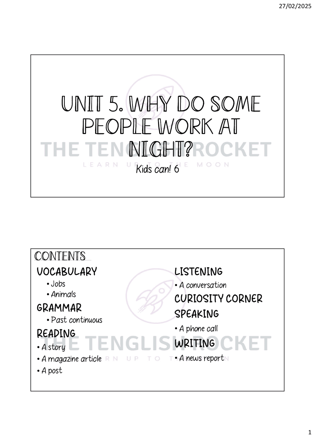 HANDOUT UNIT 5 WHY DO SOME PEOPLE WORK AT NIGHT? KIDS CAN 6 | Apuntes ...