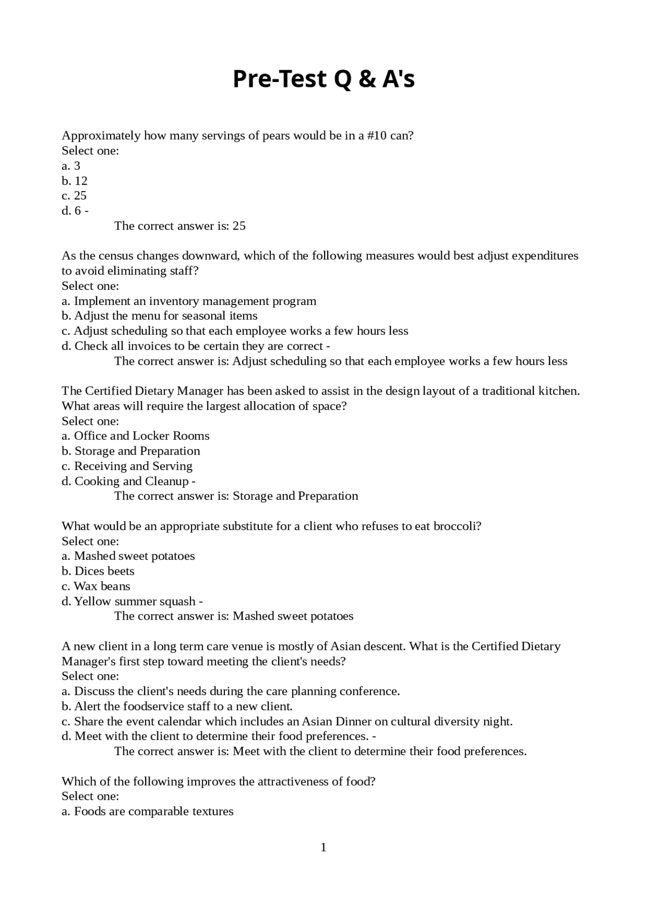 Pre-Test Q & A's Pre-Test Q & A's | Exams Nutrition | Docsity