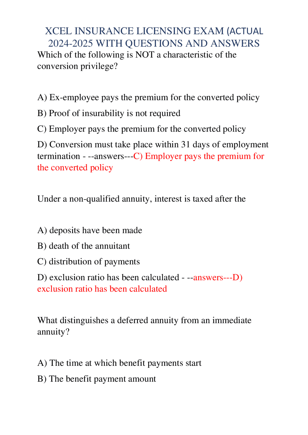 XCEL Insurance Licensing Exam: Practice Questions and Answers | Exams ...