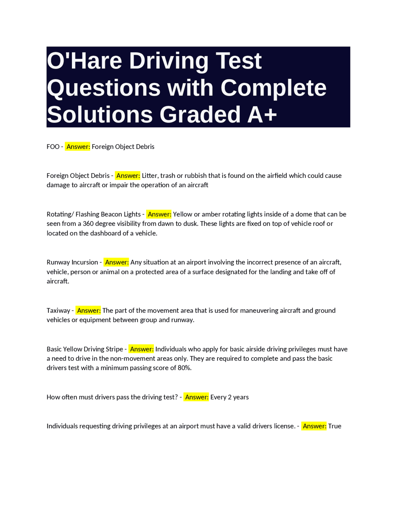 O'Hare Driving Test Questions with Complete Solutions Graded A+ | Exams ...