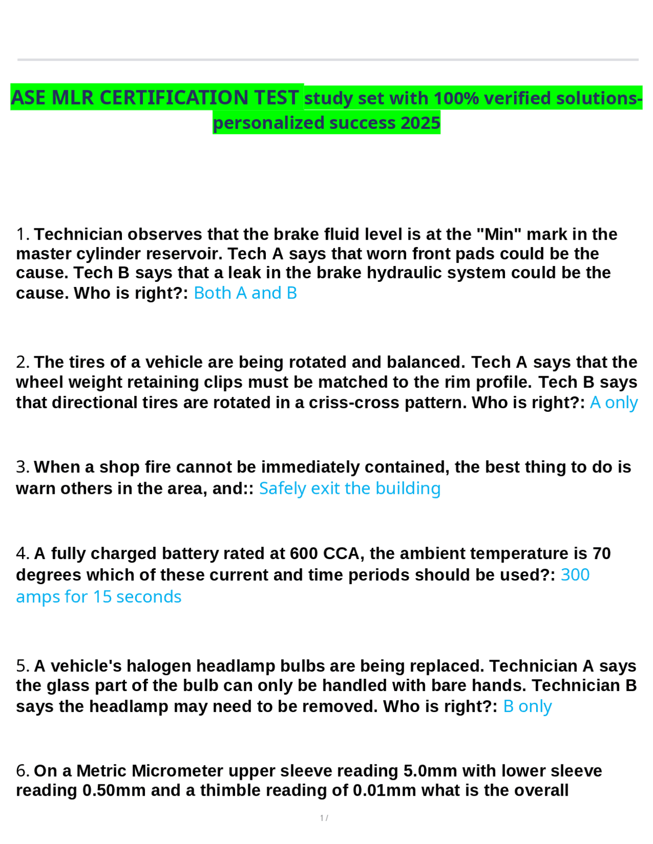 ASE MLR CERTIFICATION TEST study set with 100% verified solutions ...