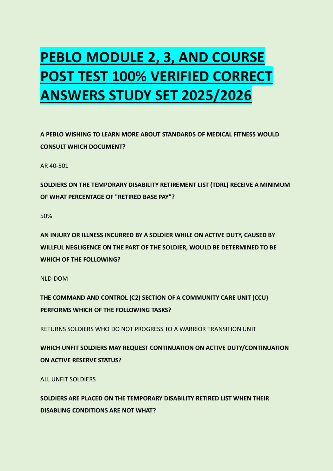 PEBLO MODULE 2, 3, AND COURSE POST TEST 100% VERIFIED CORRECT ANSWERS ...