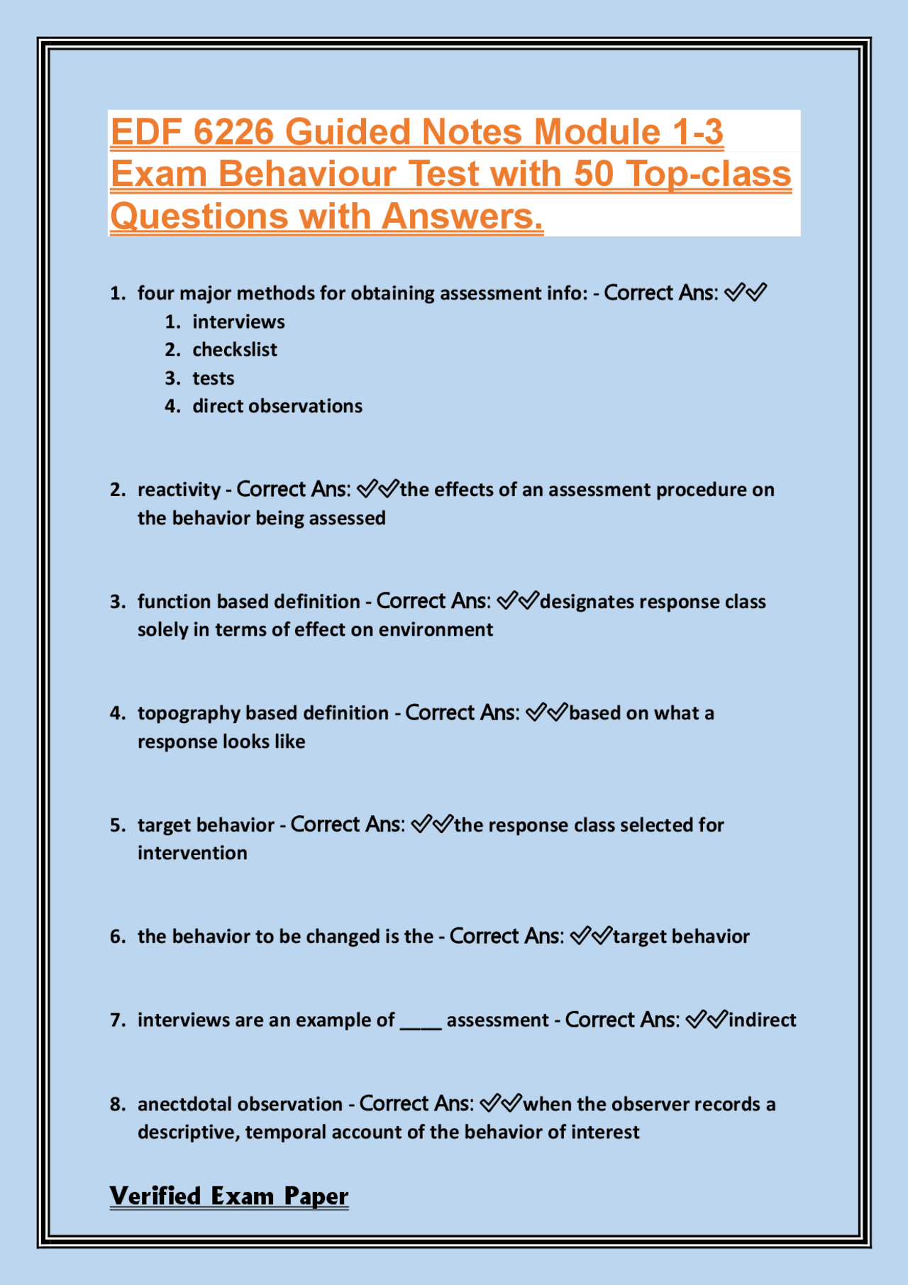 EDF 6226 Guided Notes Module 1-3 Exam Behaviour Test. | Exams Science ...