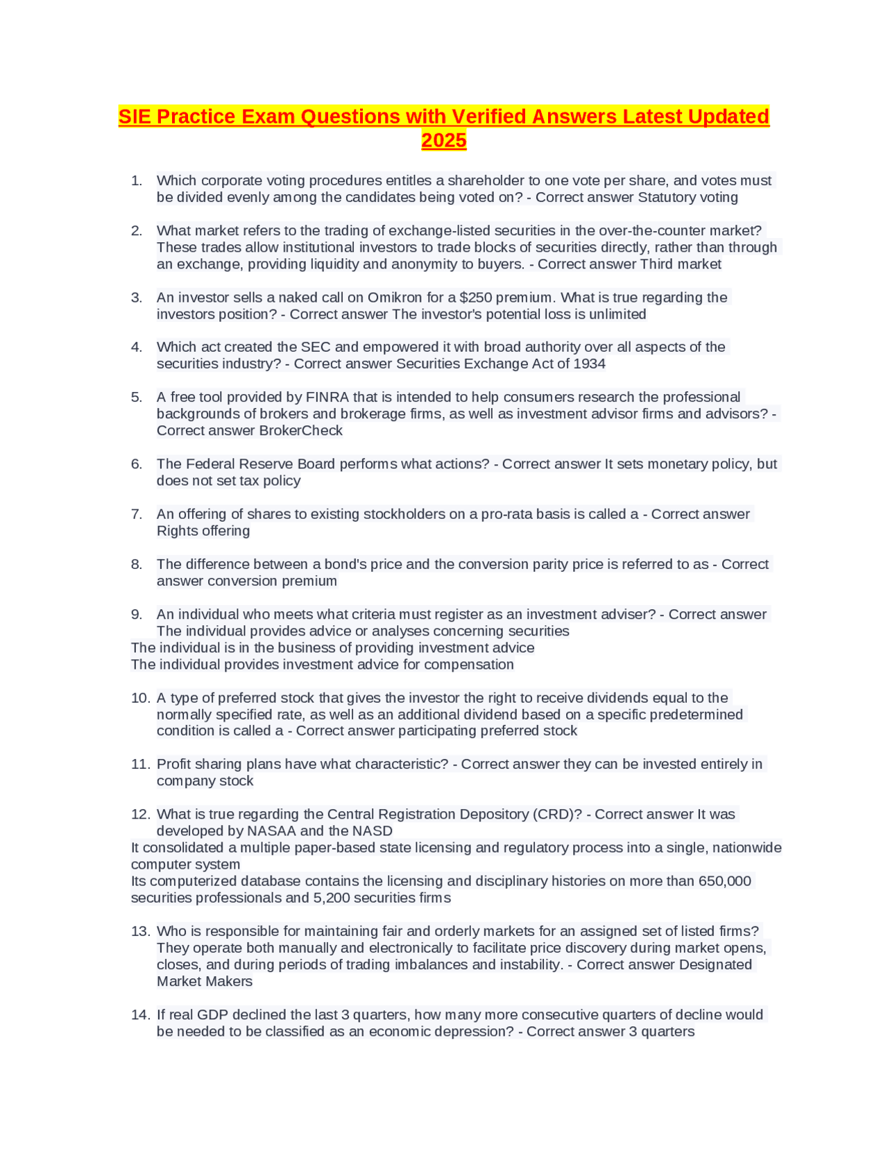 SIE Practice Exam Questions with Verified Answers Latest Updated 2025 ...