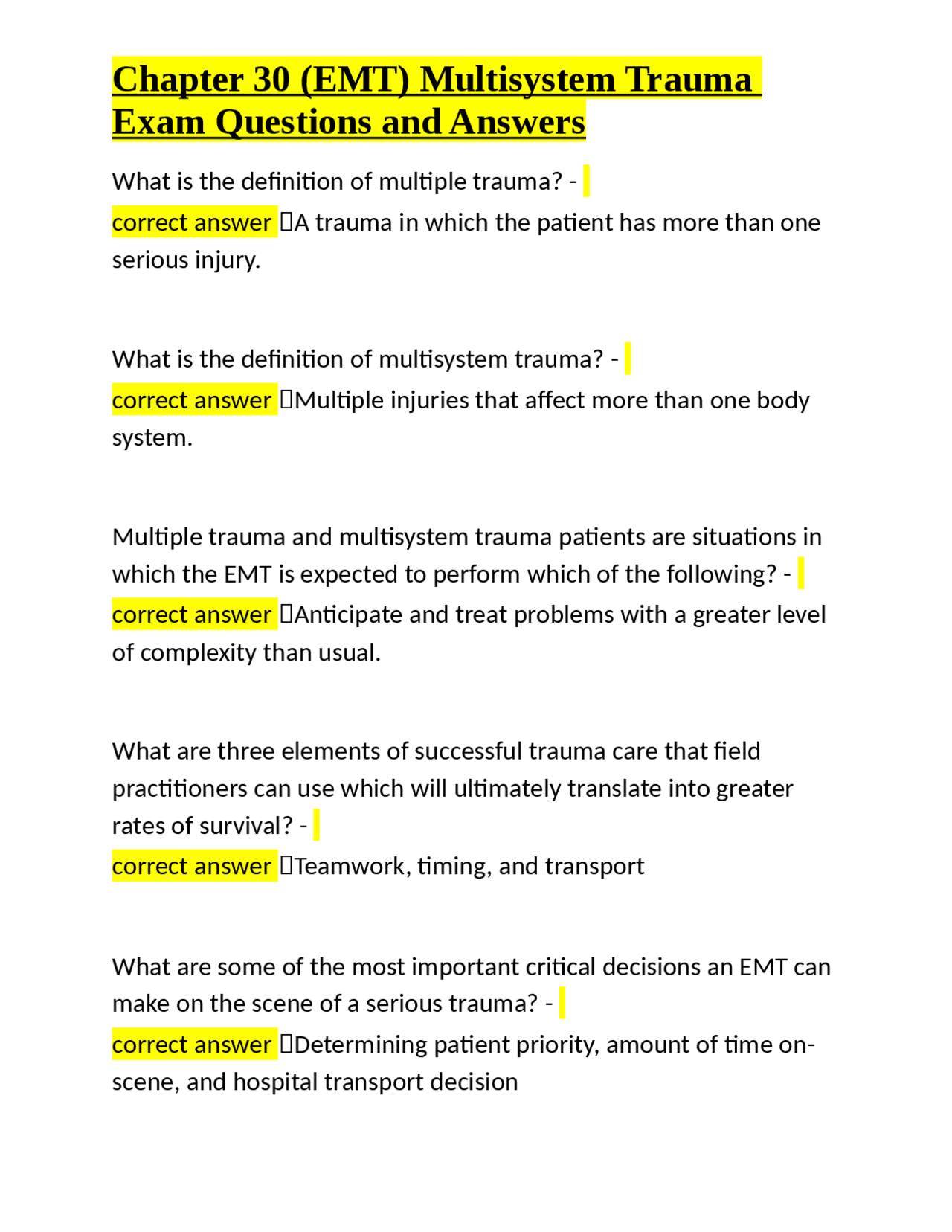 Chapter 30 (EMT) Multisystem Trauma Exam Questions and Answers | Exams ...