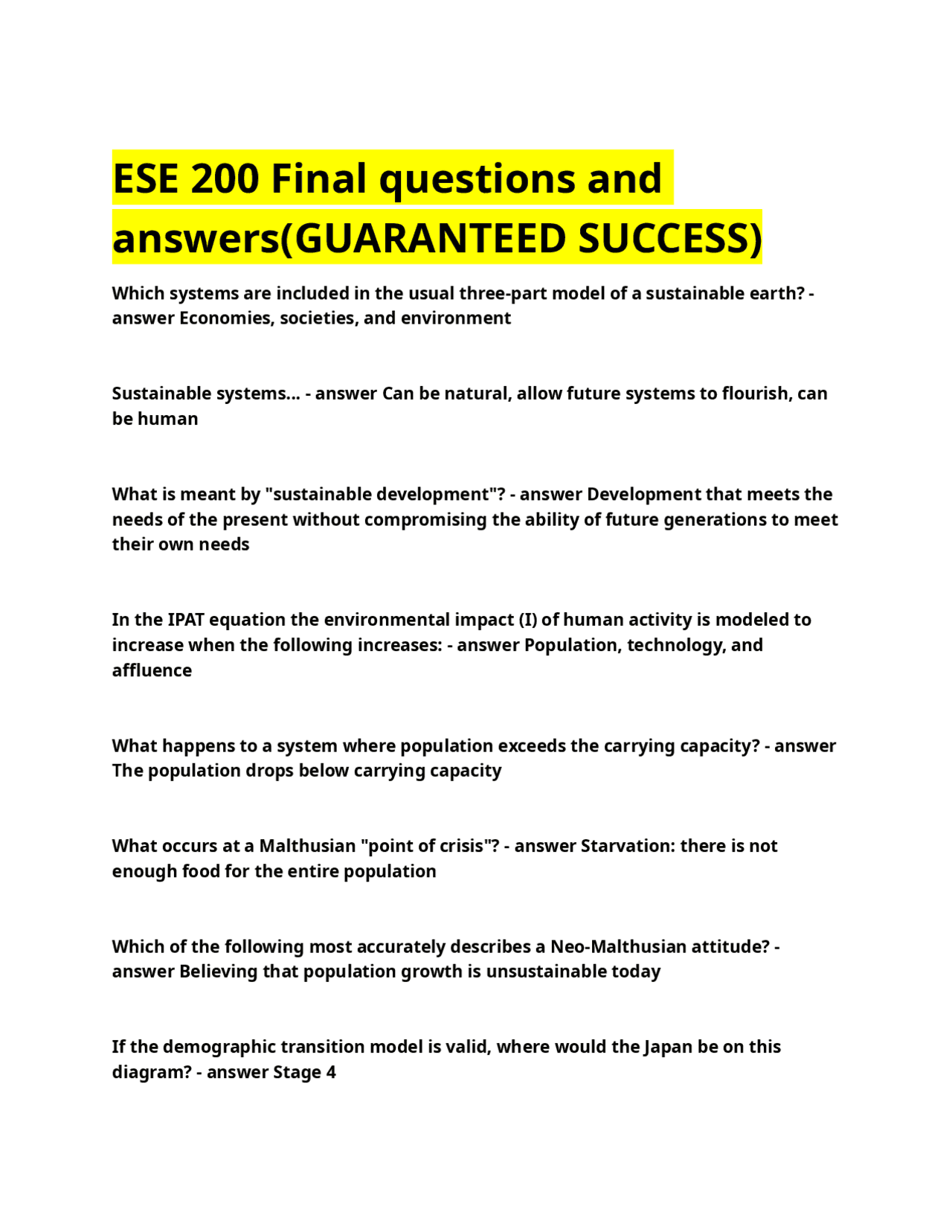 ESE 200 Final Exam: Sustainable Systems & Environmental Issues | Exams ...