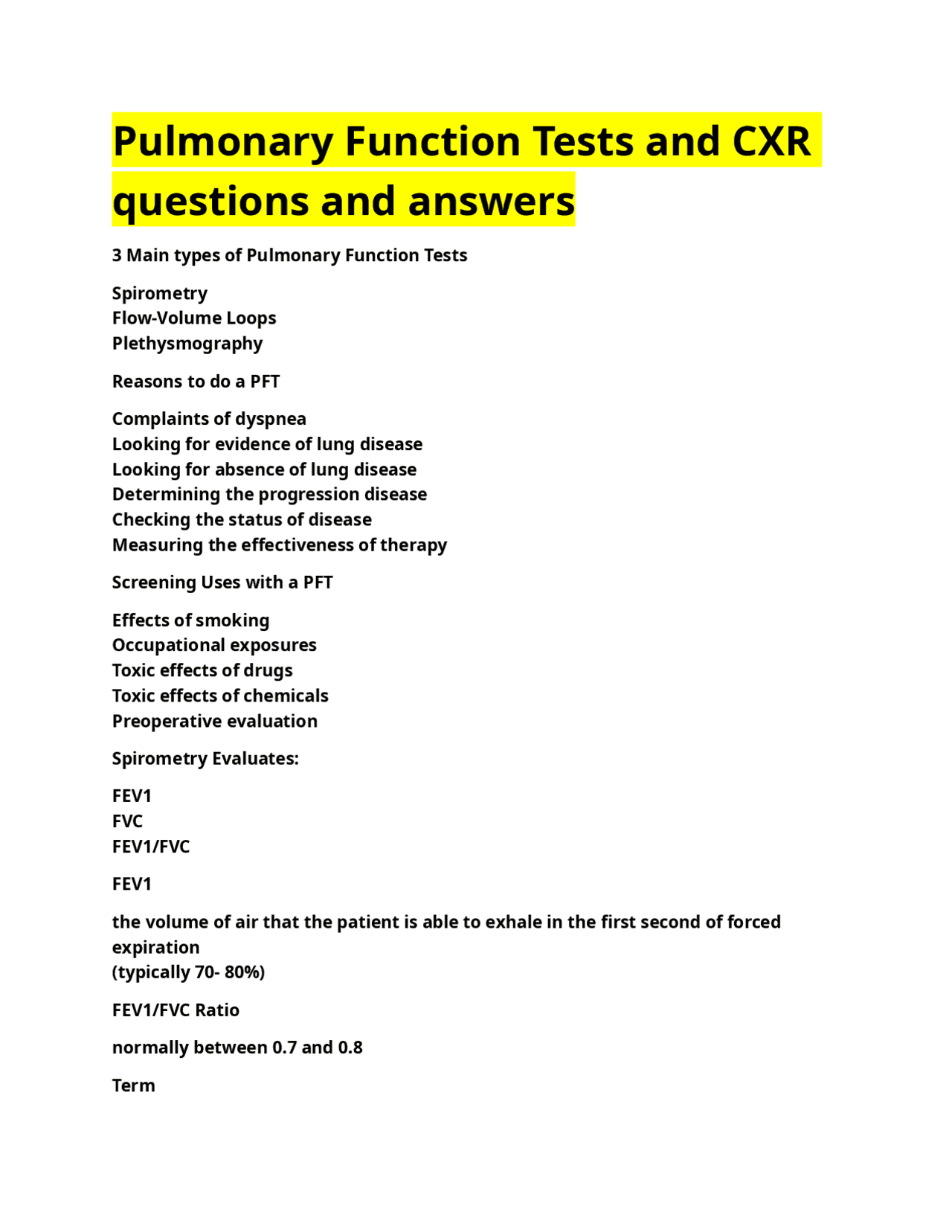 Pulmonary Function Tests and CXR questions and answers.docx | Exams ...
