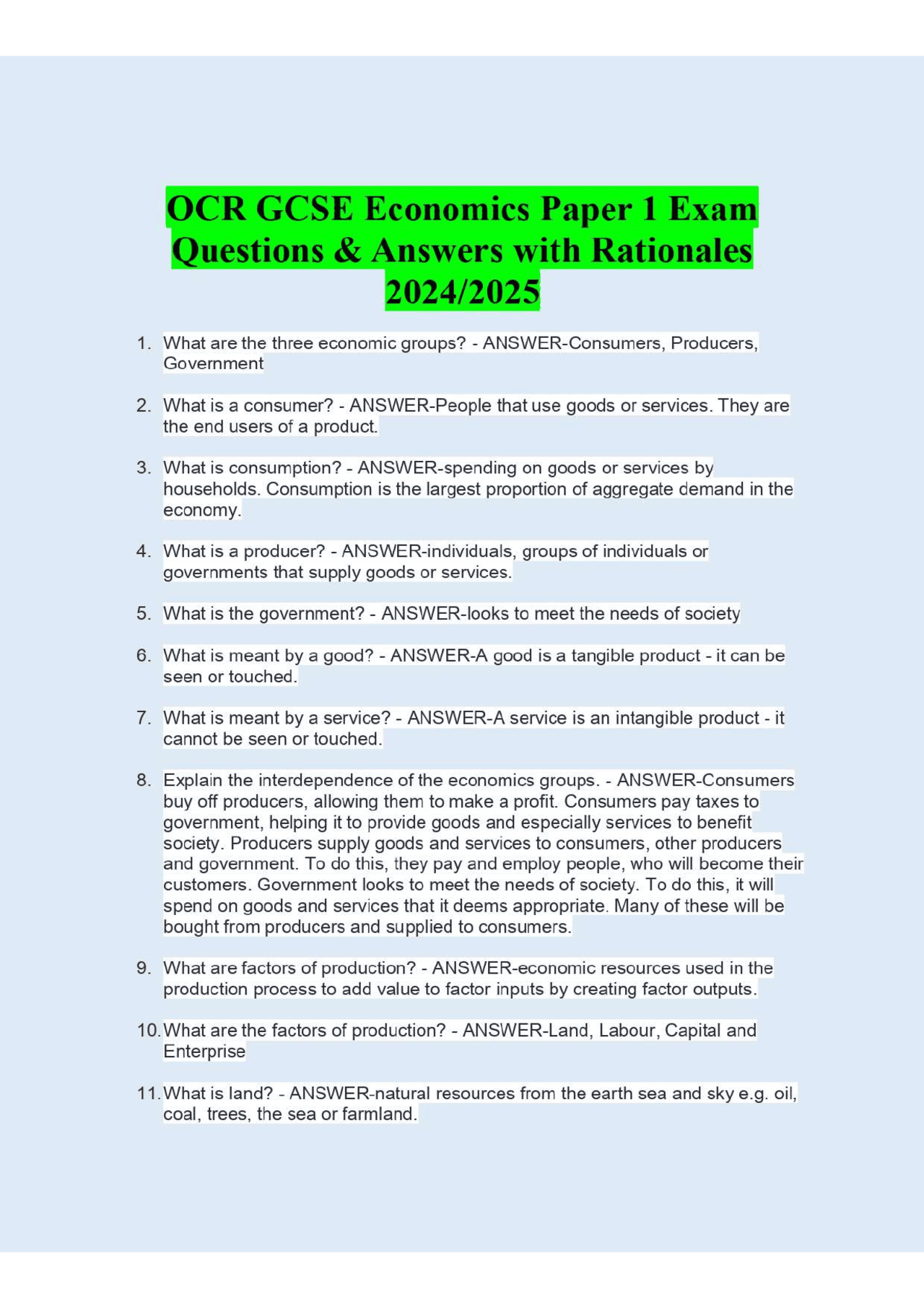 OCR GCSE Economics Paper 1 Exam Questions & Answers with Rationales ...