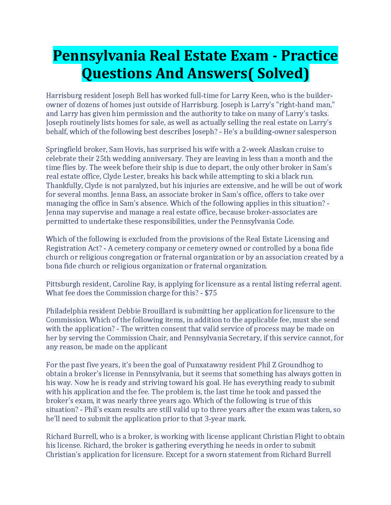 Pennsylvania Real Estate Exam Practice Questions and Answers | Exams ...
