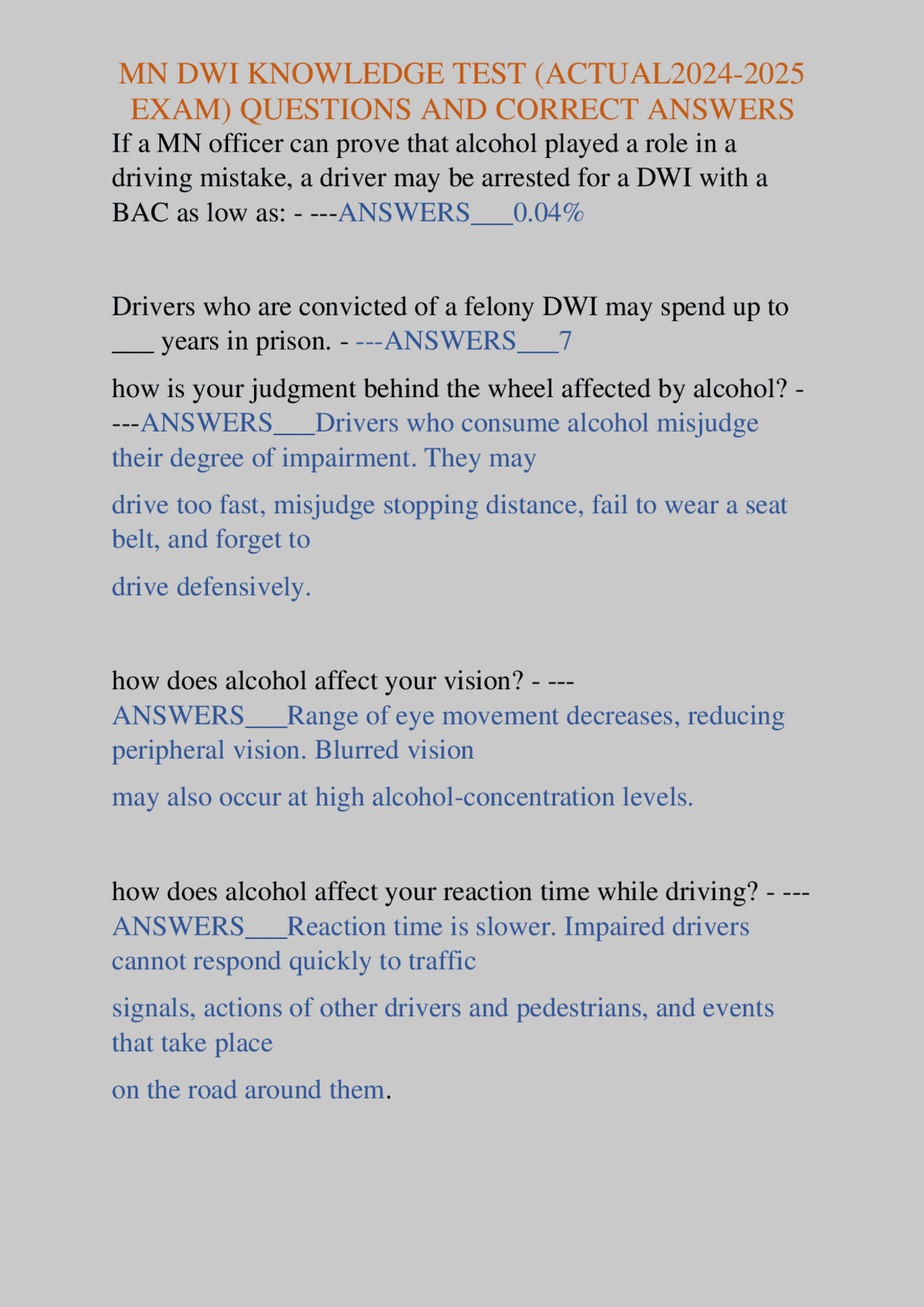 Minnesota DWI Knowledge Test: Questions and Answers for 2024-2025 ...