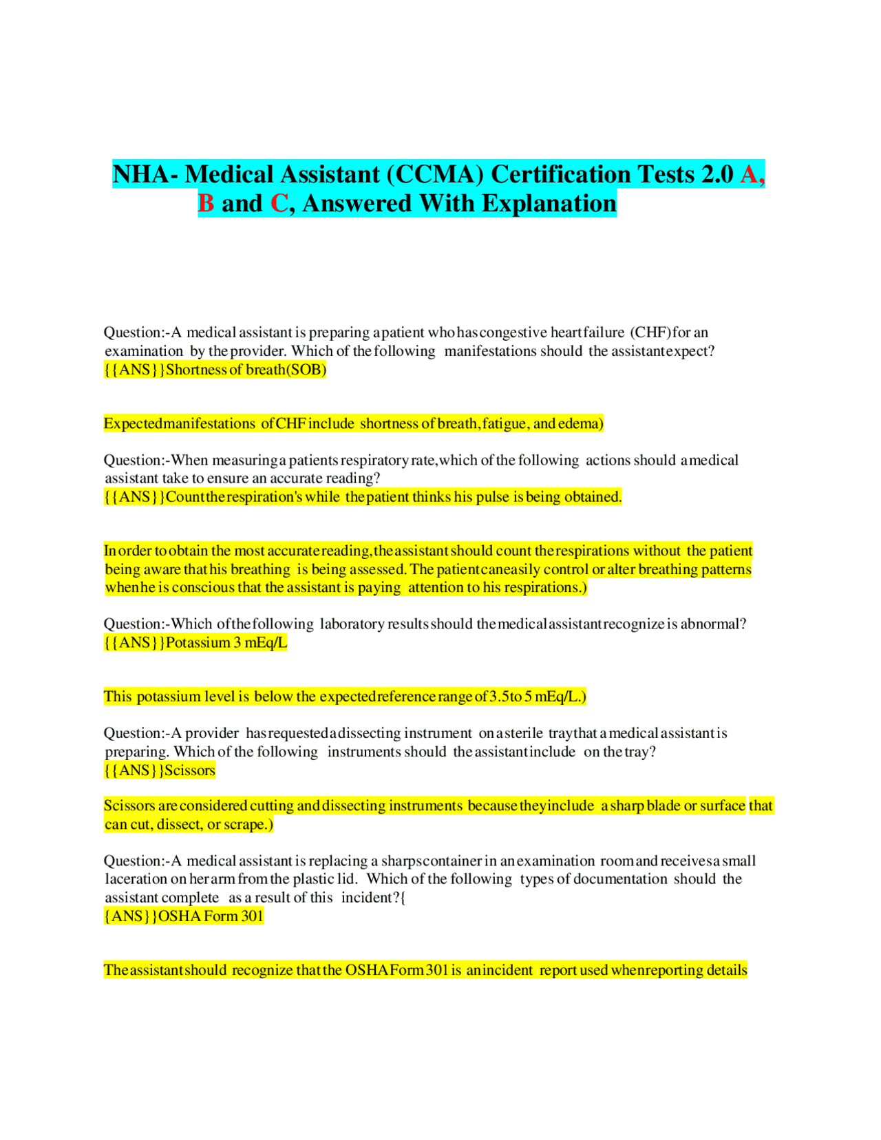 Medical Assistant (CCMA) Certification Tests: Practice Questions and ...