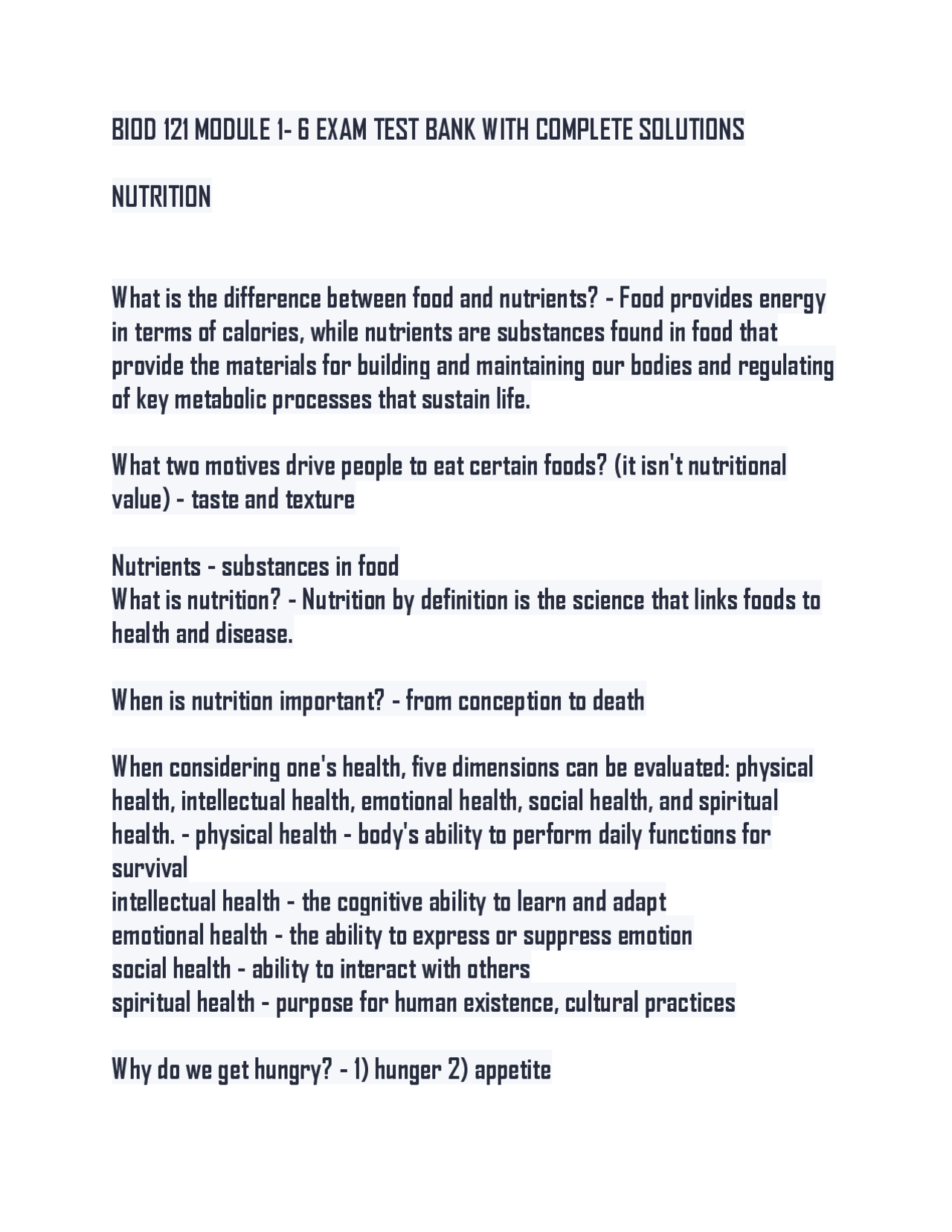 BIOD 121 Module 1-6 Exam Test Bank: Nutrition Fundamentals | Exams ...