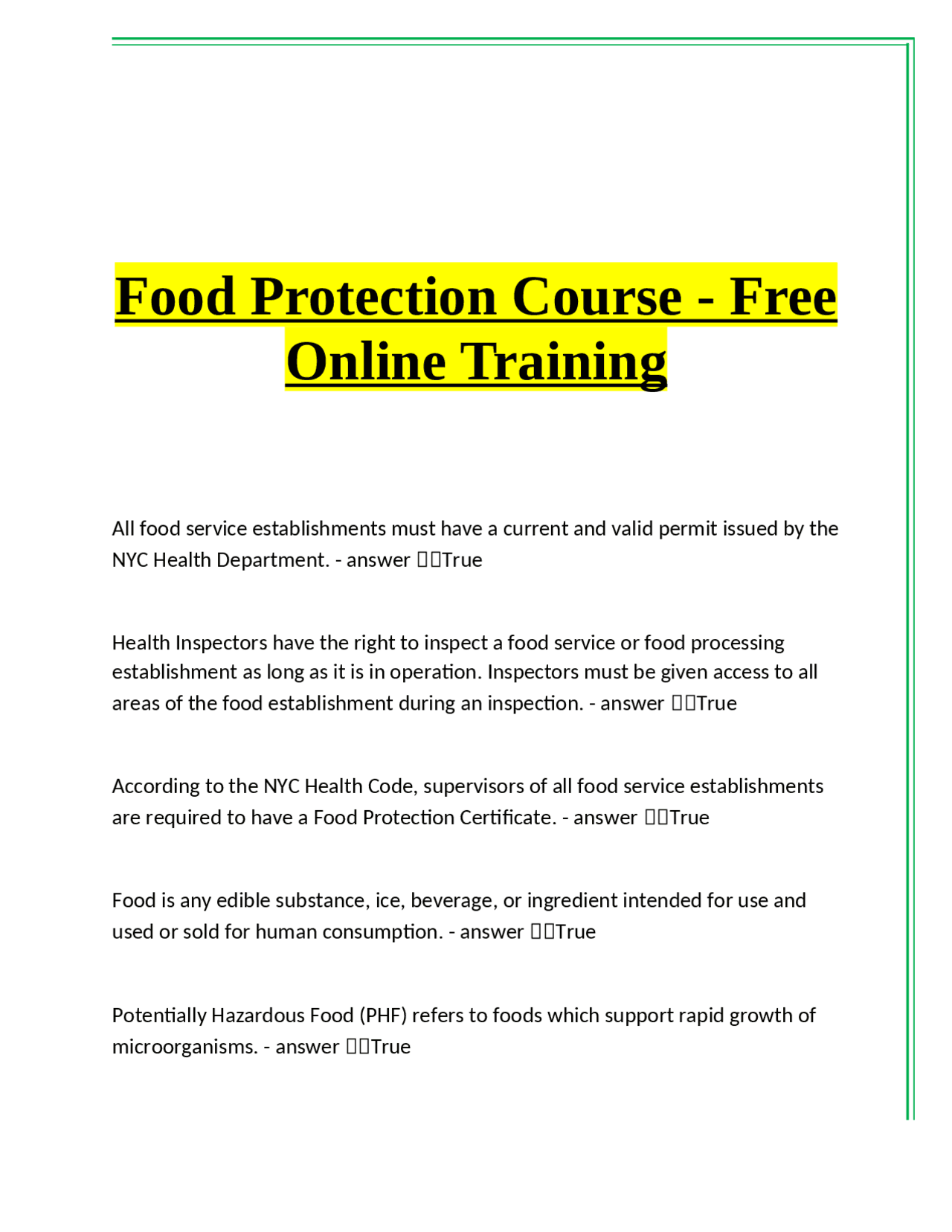 Food Protection Course - Free Online Training.docx | Exams Nursing ...