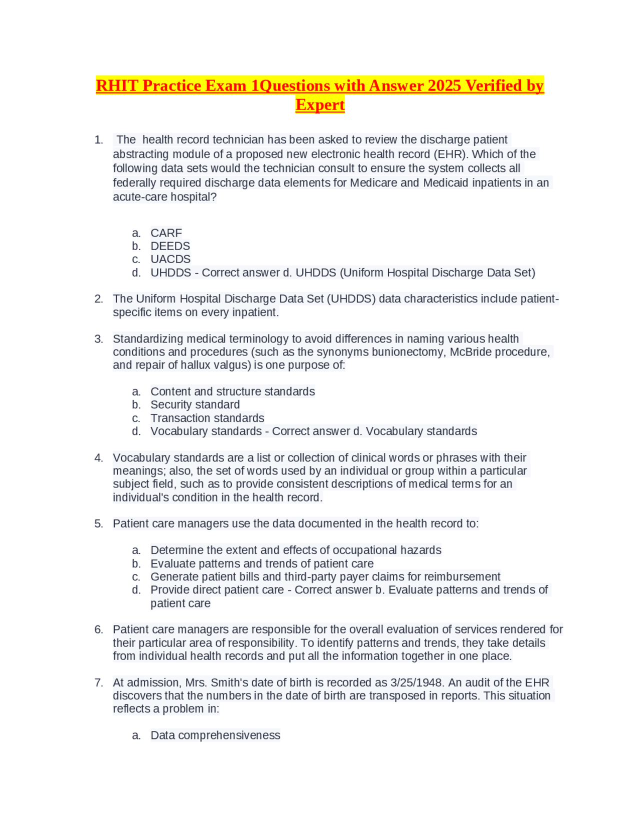 RHIT Practice Exam 1Questions with Answer 2025 Verified by Expert ...