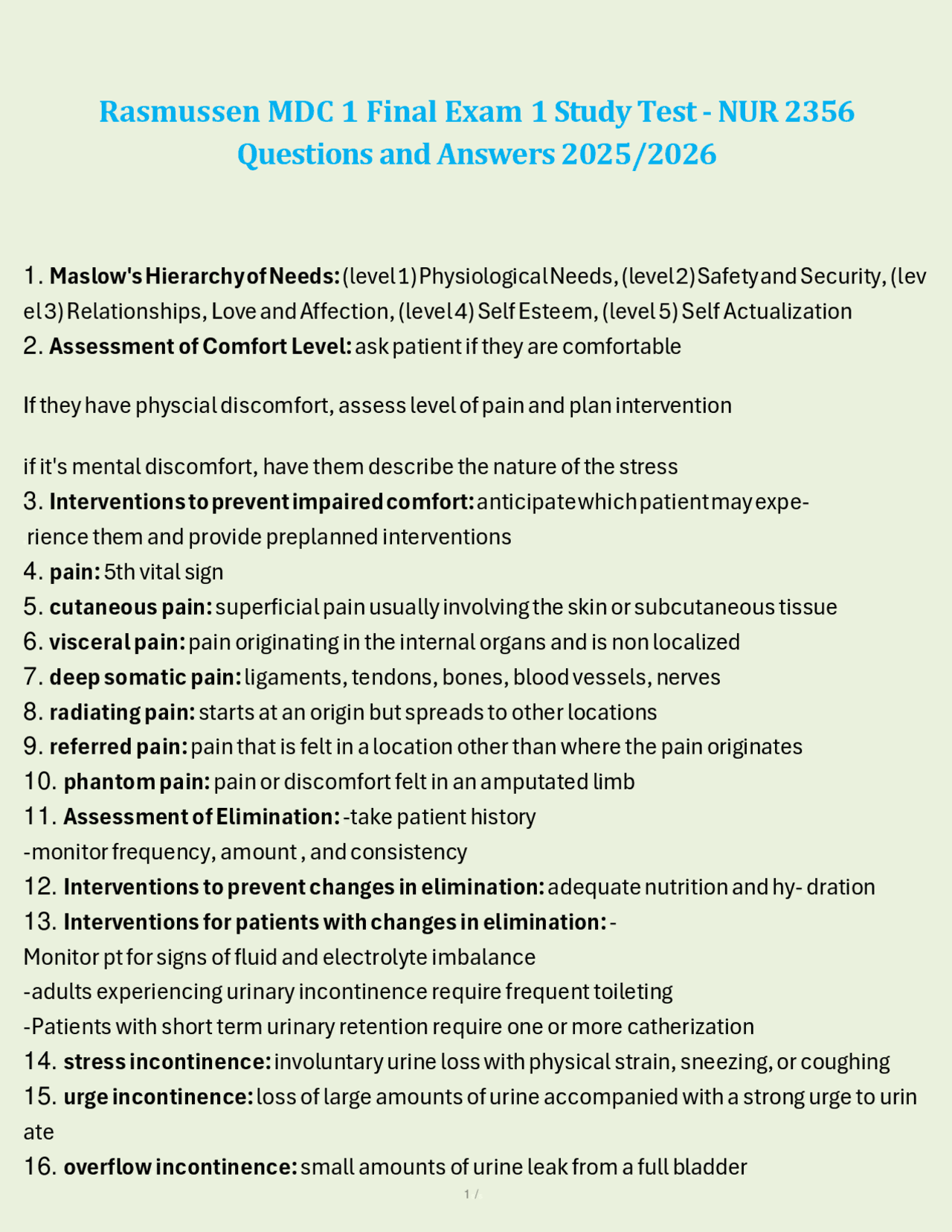 Rasmussen MDC 1 Final Exam 1 Study Test -NUR 2356 Questions and Answers ...
