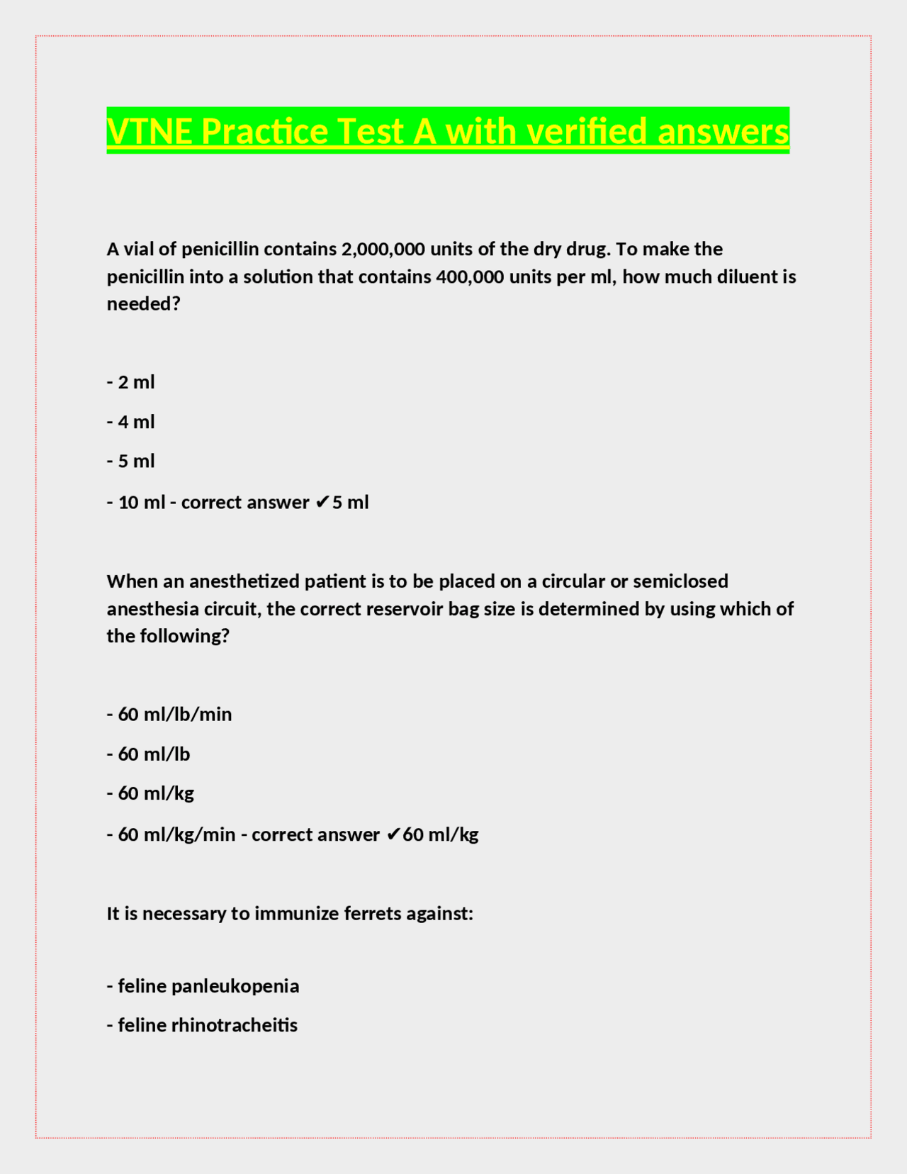 VTNE Practice Test A with verified answers | Exams Nursing | Docsity