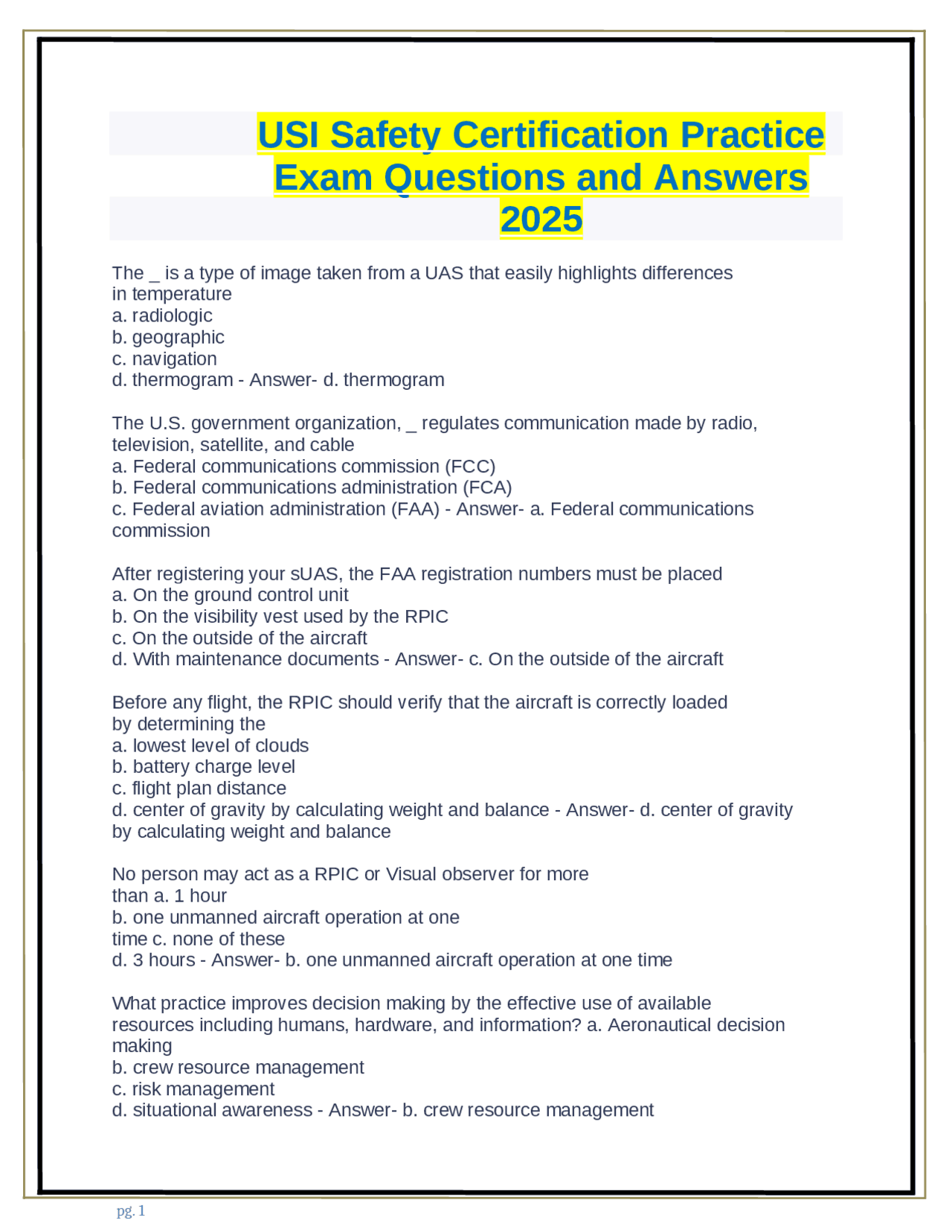 USI Safety Certification Practice Exam Questions and Answers 2025 | Exams Nursing | Docsity
