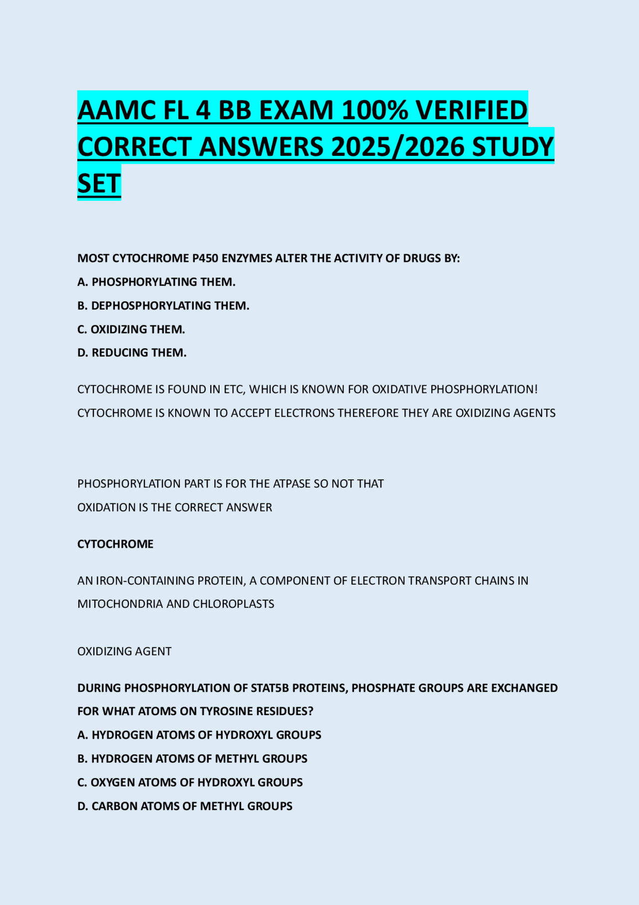 AAMC FL 4 BB EXAM 100% VERIFIED CORRECT ANSWERS 2025/2026 STUDY SET ...
