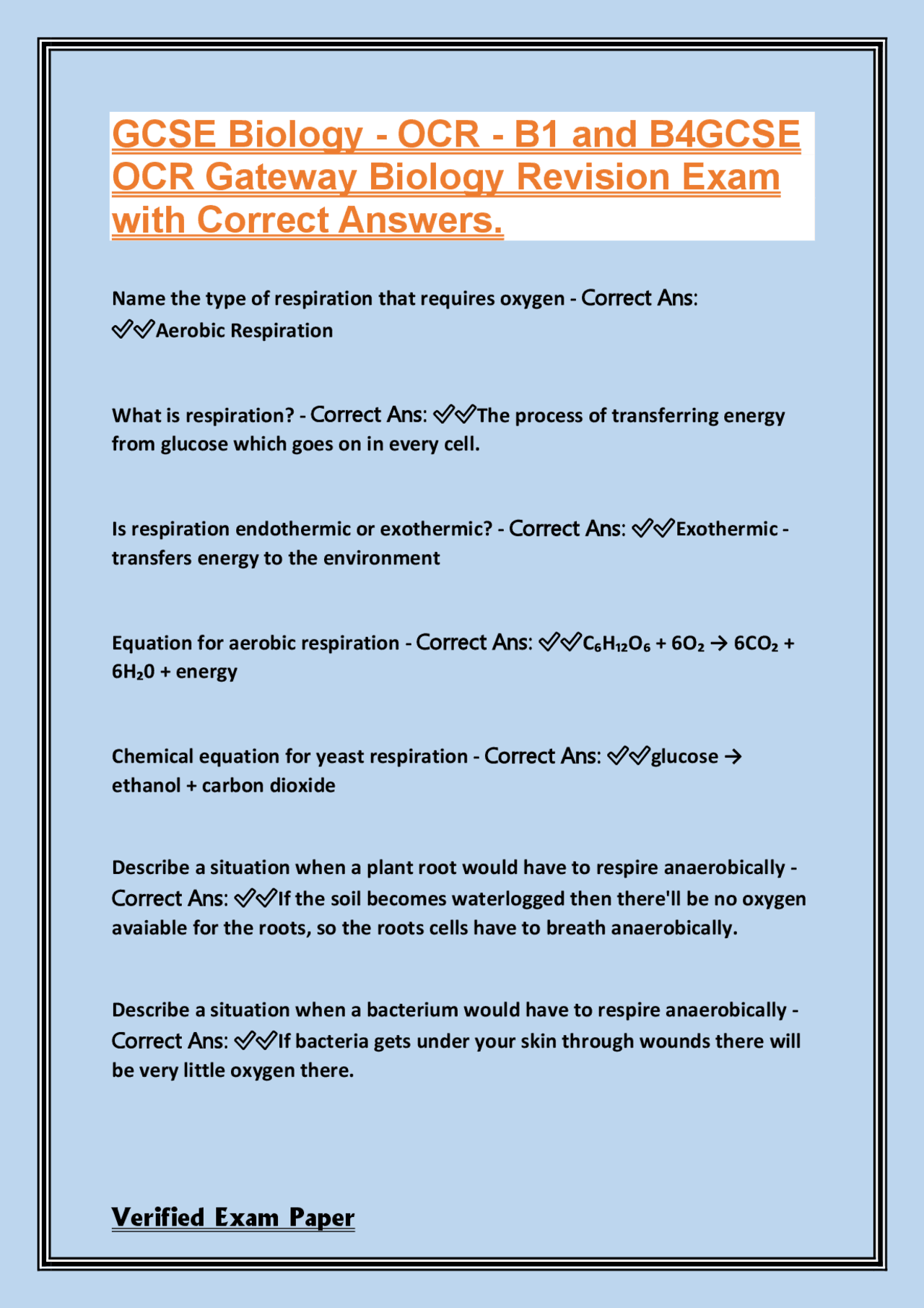 GCSE Biology - OCR - B1 and B4GCSE OCR Gateway Biology Revision Exam. | Exams Biology | Docsity