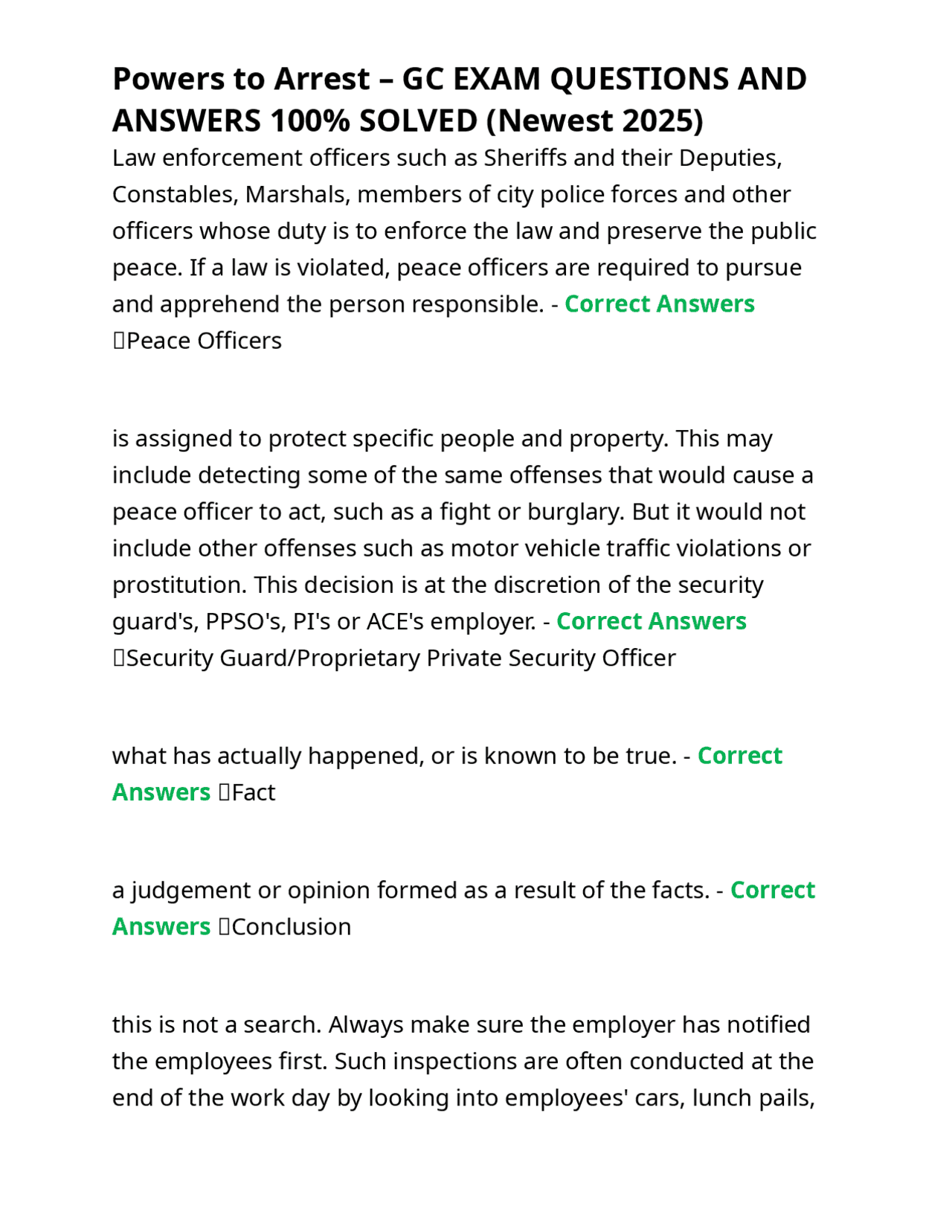 Powers to Arrest: GC Exam Questions and Answers | Exams Nursing | Docsity