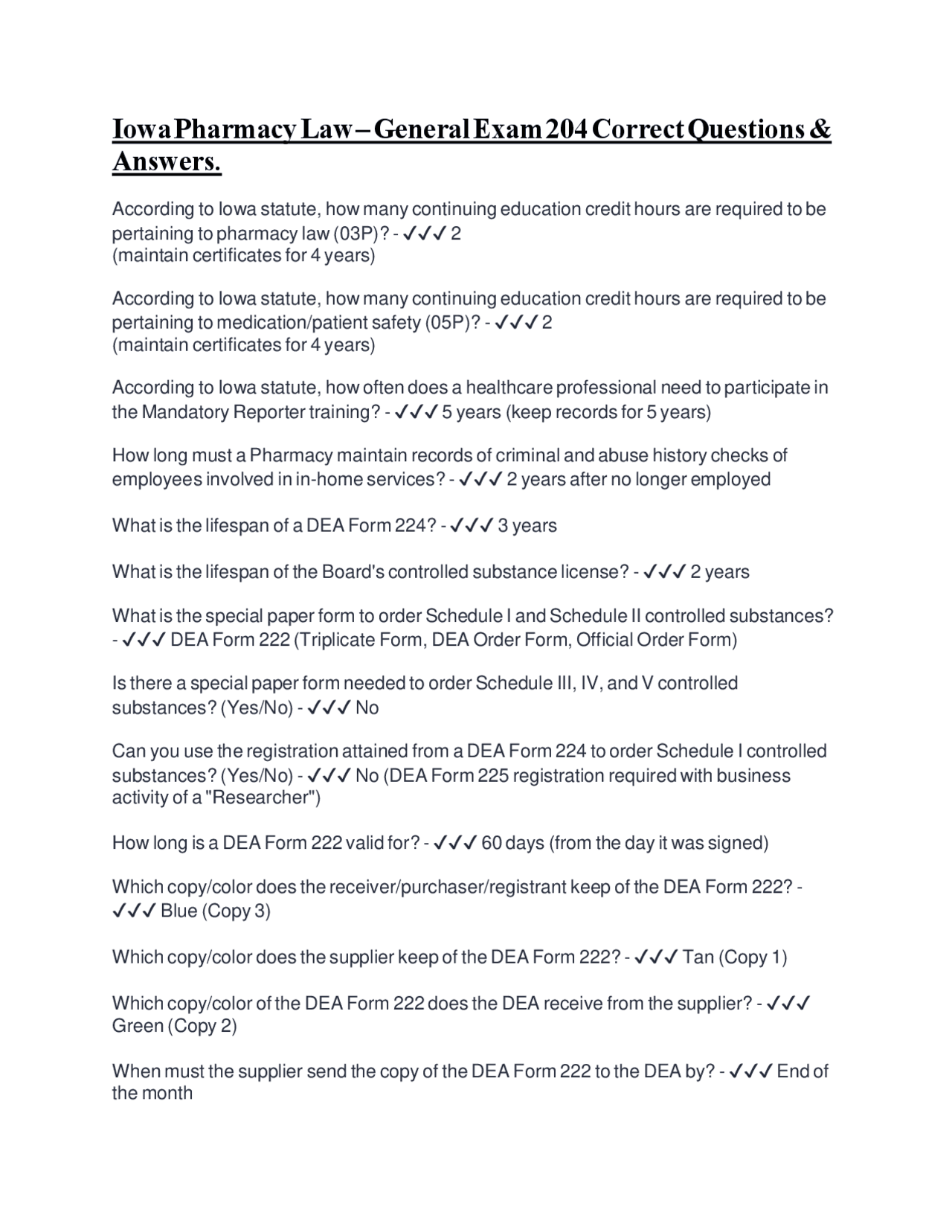 Iowa Pharmacy Law – General Exam 204 Correct Questions & Answers ...