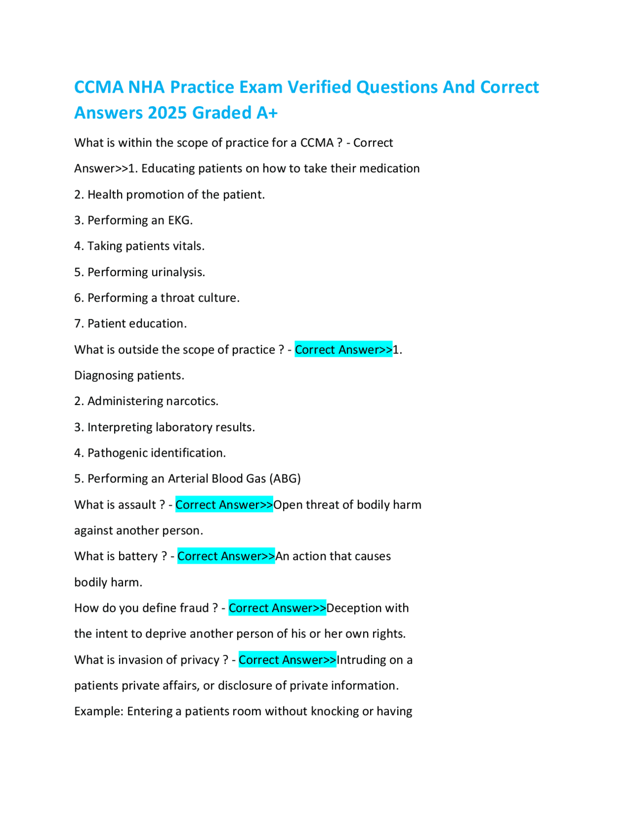 CCMA NHA Practice Exam Verified Questions And Correct Answers 2025 ...