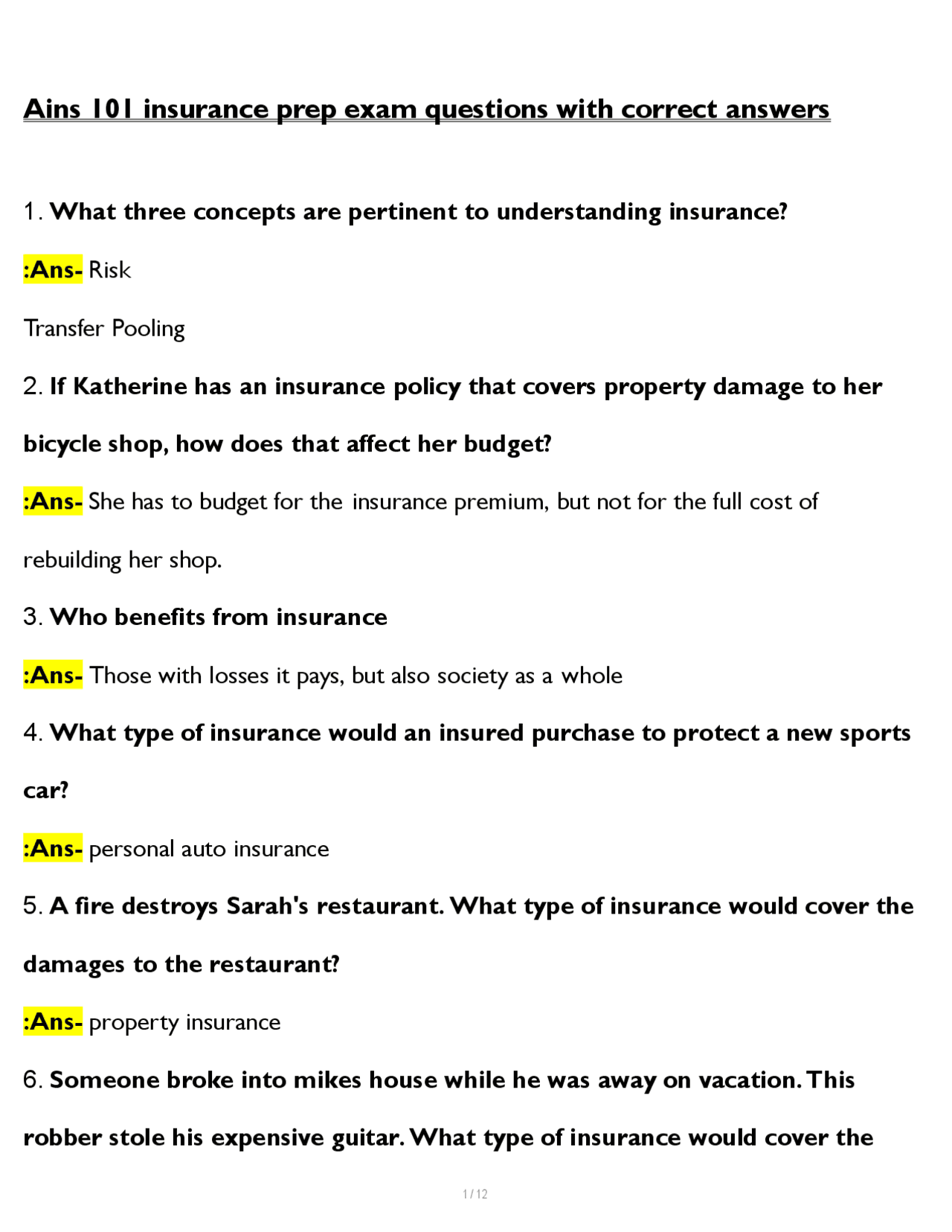 Insurance 101: Exam Prep Questions and Answers | Quizzes Insurance ...