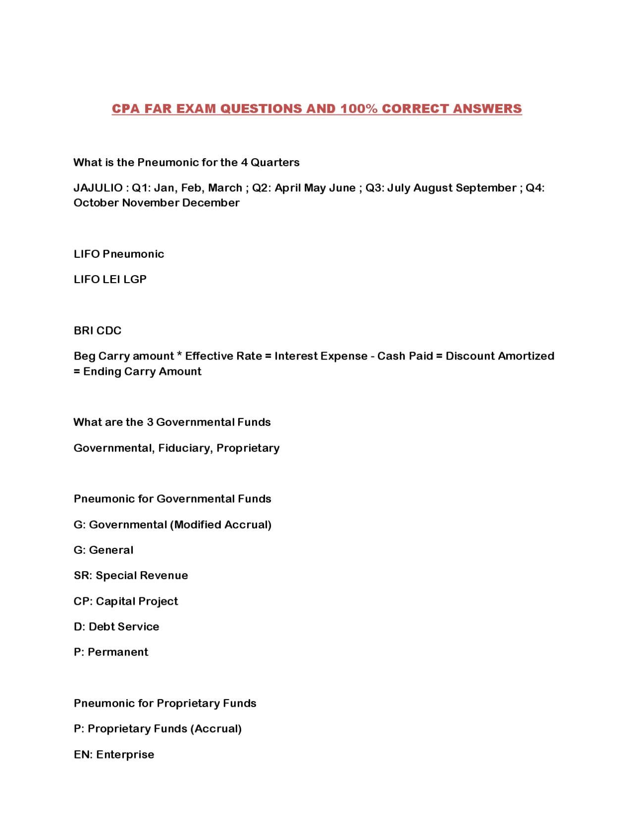 CPA FAR Exam Questions and Answers: Mnemonics and Formulas for ...