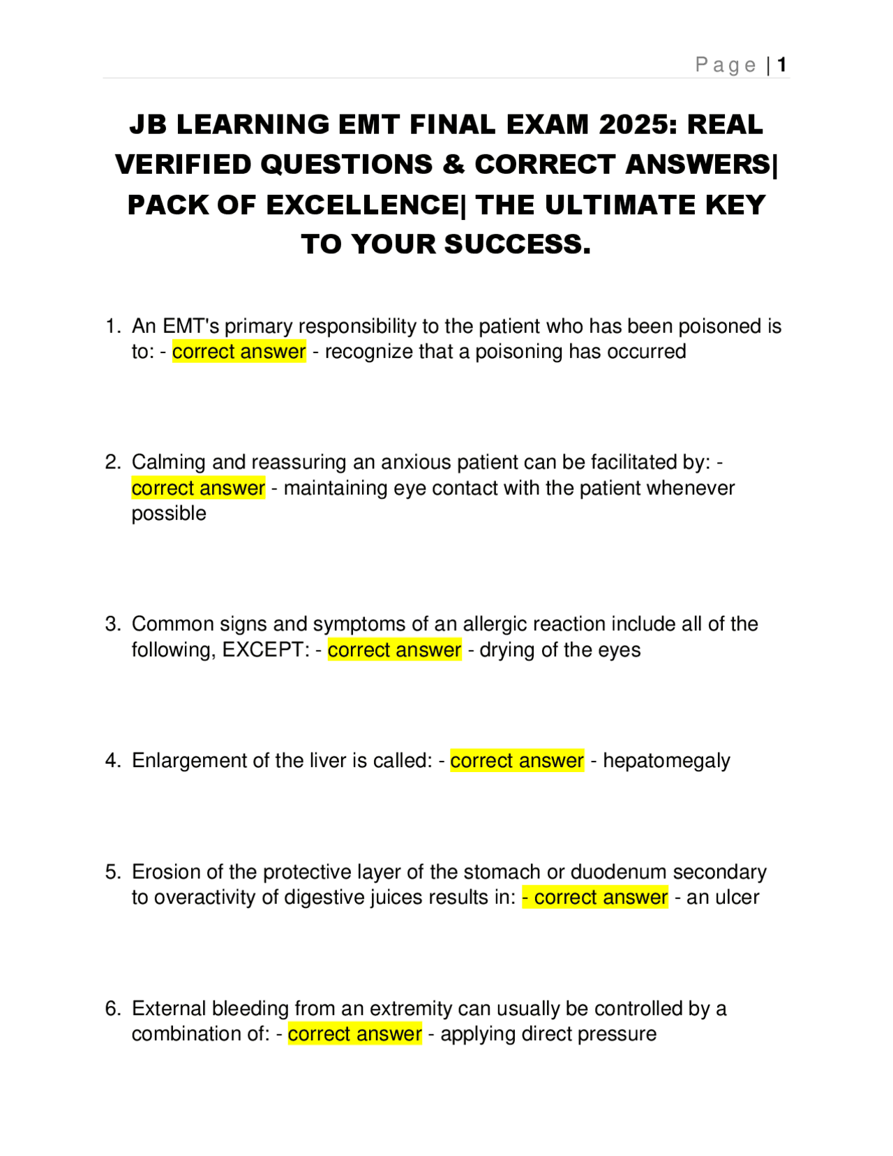 JB LEARNING EMT FINAL EXAM 2025: REAL VERIFIED QUESTIONS & CORRECT ...