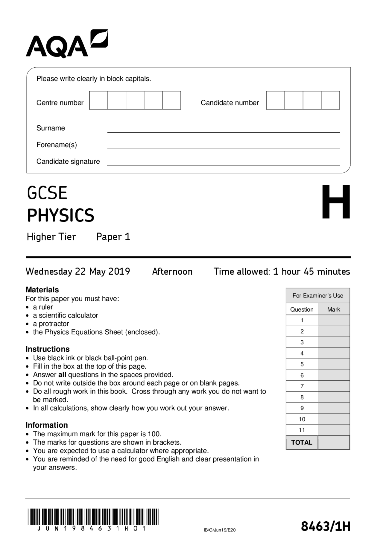 GCSE physics past paper higher | Schemes and Mind Maps Physics | Docsity